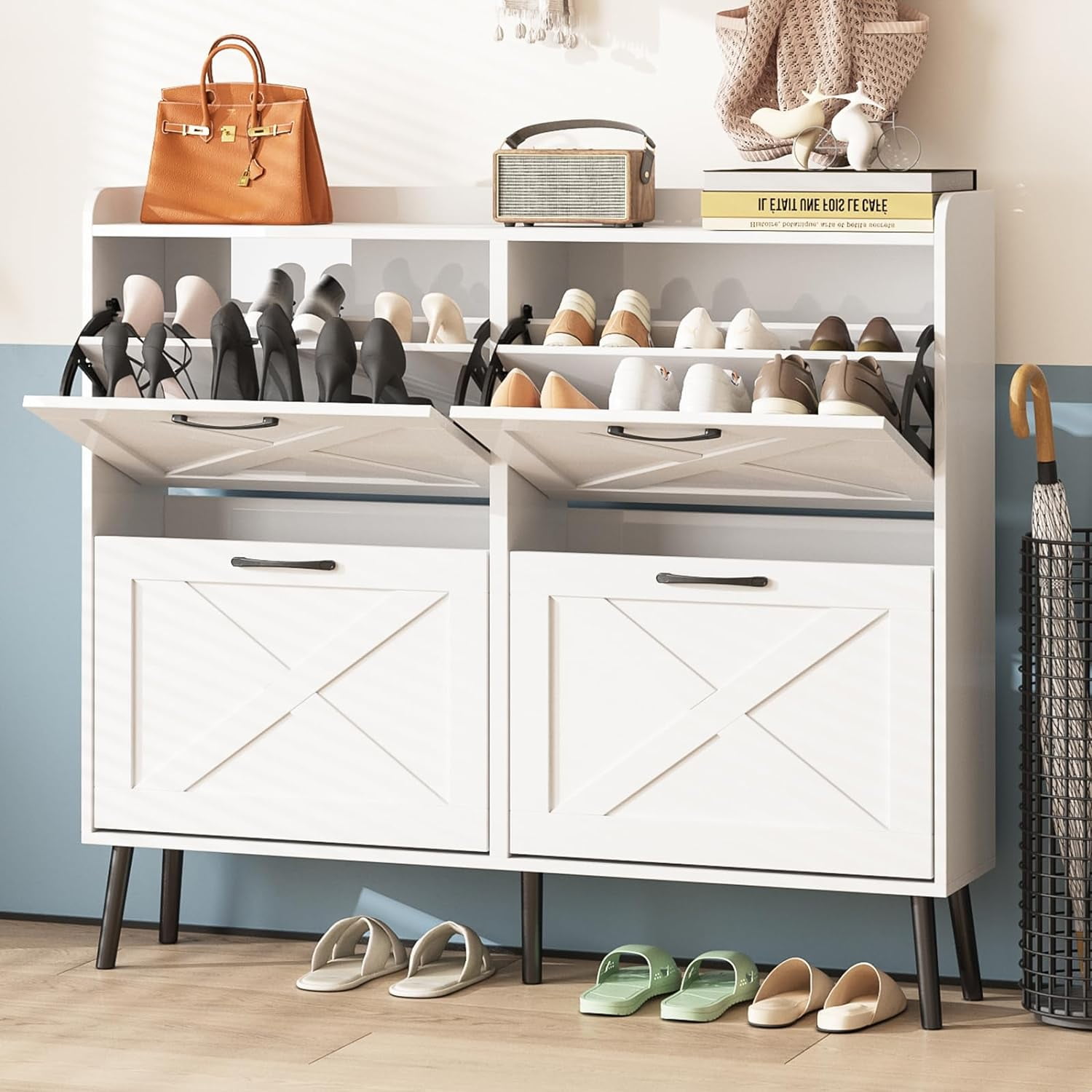 Large Shoe Cabinet with 4 Flip Drawers, Freestanding Shoe Cabinet ...