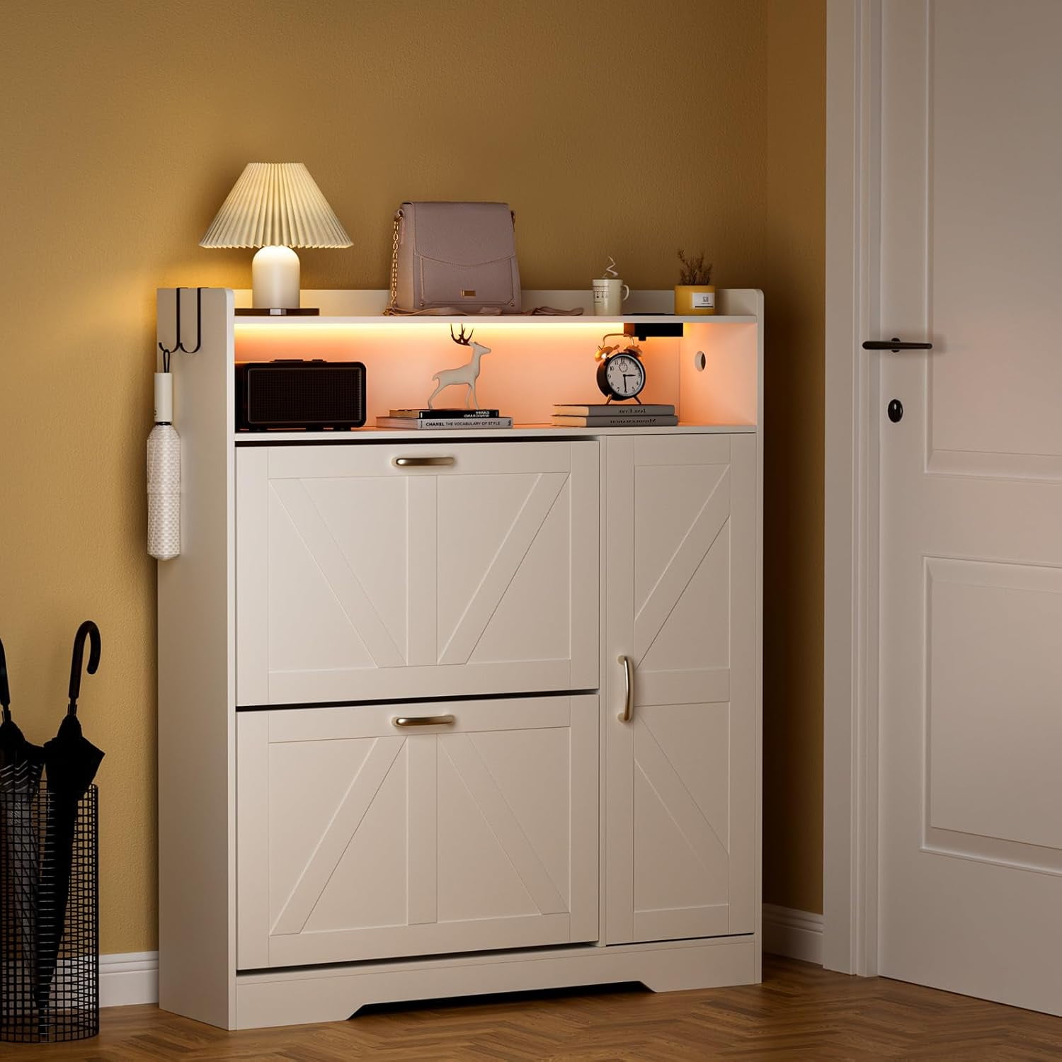 Large Shoe Cabinet with Power Outlets & Light, Slim Shoe Cabinets with ...