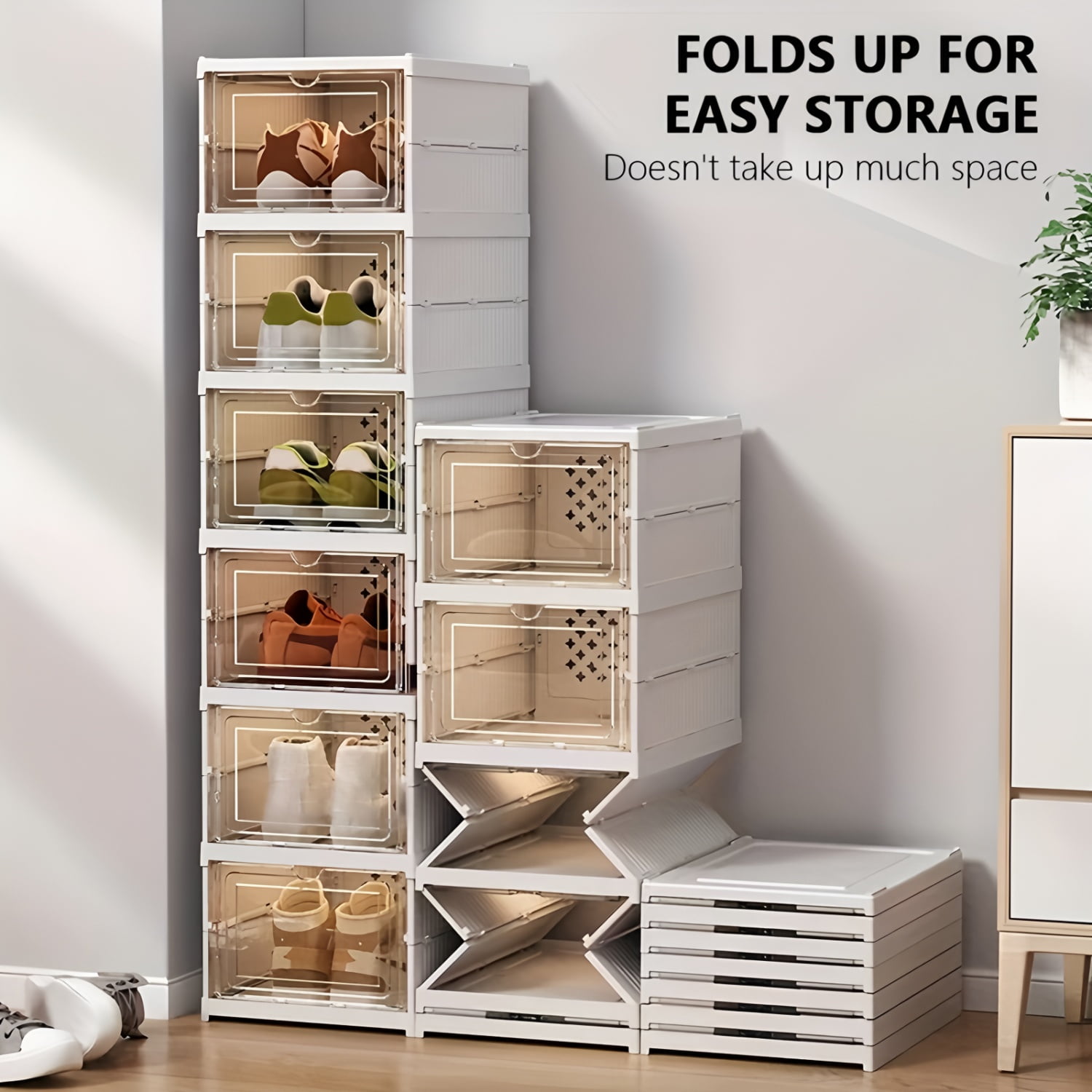 Large Shoe Storage Box, 6-Tier Folding Shoe Rack with Clear Door ...