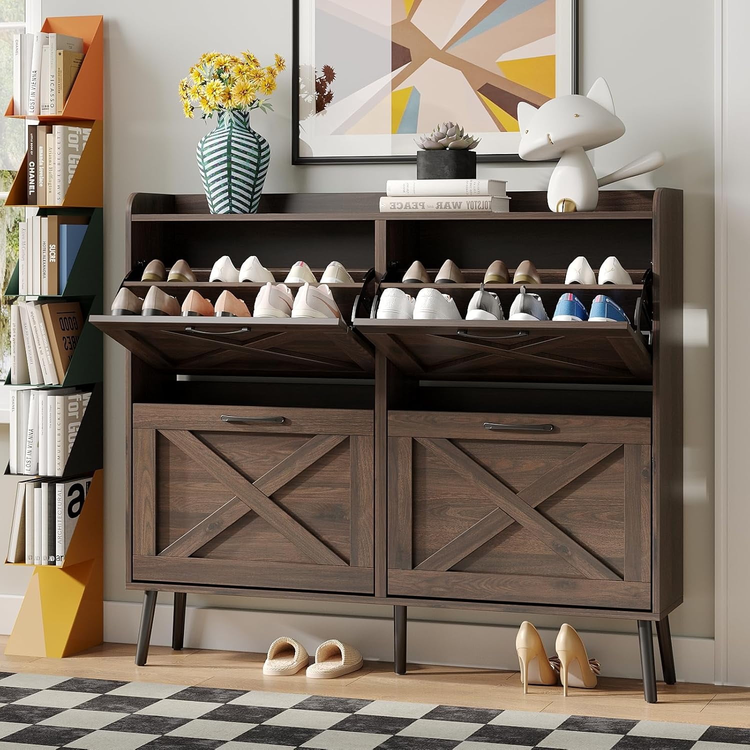 Large Shoe Storage Cabinet with 4 Flip Drawers, Freestanding Shoe ...