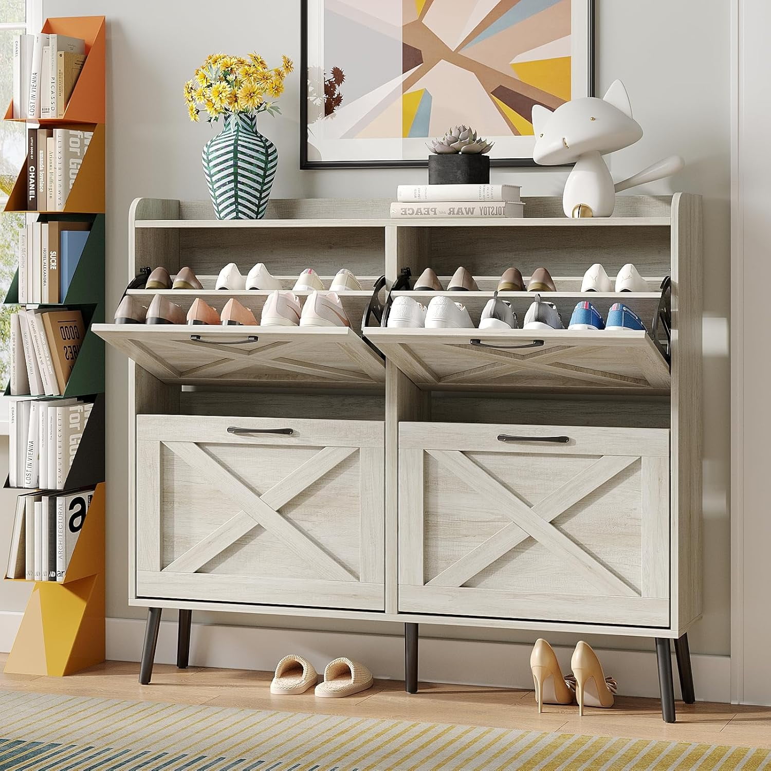 Large Shoe Storage Cabinet with 4 Flip Drawers Freestanding Shoe ...