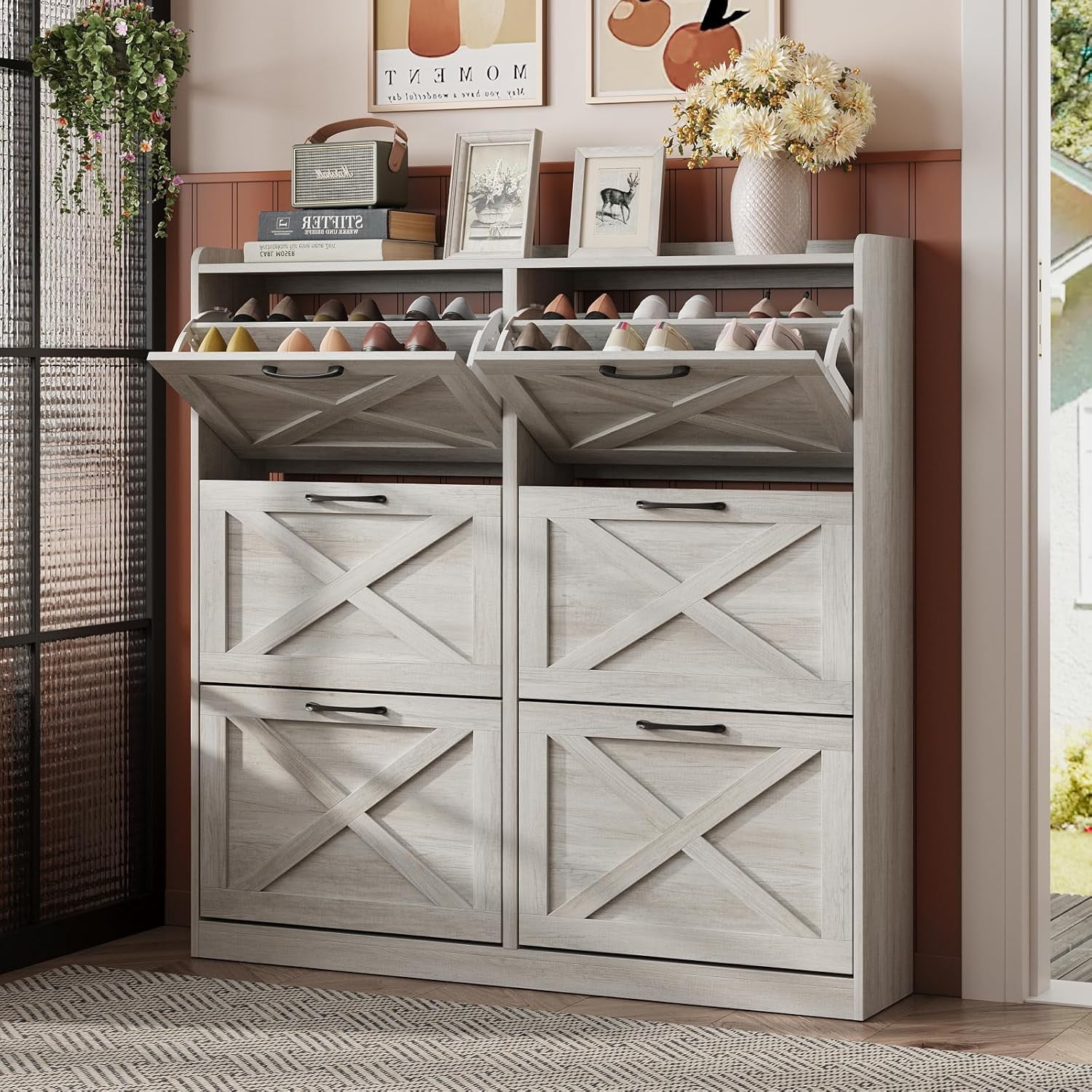 Large Shoe Storage Cabinet with 4 Flip Drawers Freestanding Shoe ...