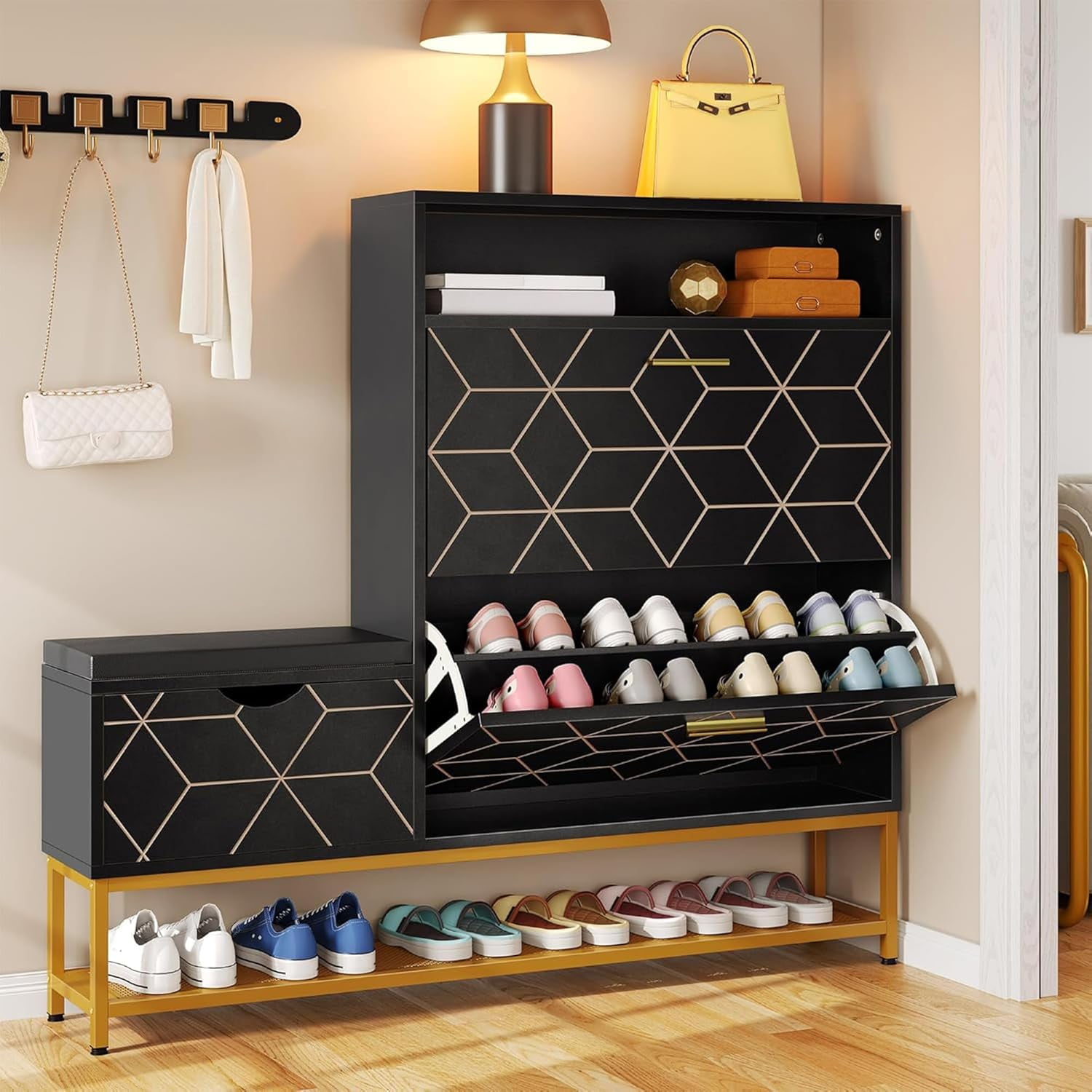 Large Shoe Storage Cabinet with Flip-Up Drawers and Built-In Bench ...