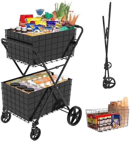 Large Shopping Cart with 2 Removable Baskets, Foldable 2-Tier Grocery ...