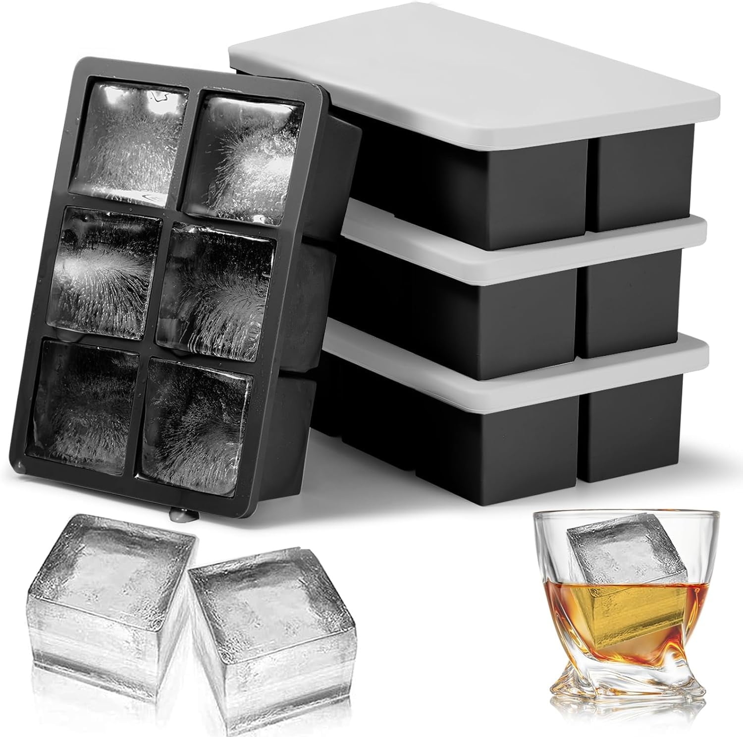 Large Silicone Ice Cube Tray with Lid 2 Pack, Stackable Square Ice Cube ...