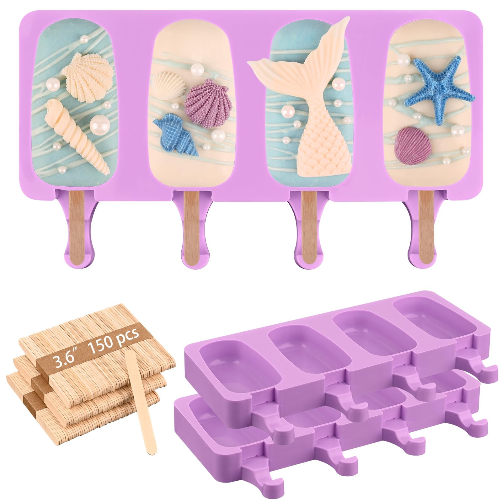 Large Silicone Popsicle Molds Set 3PCS 4 Cavities Oval Ice Cream Molds ...