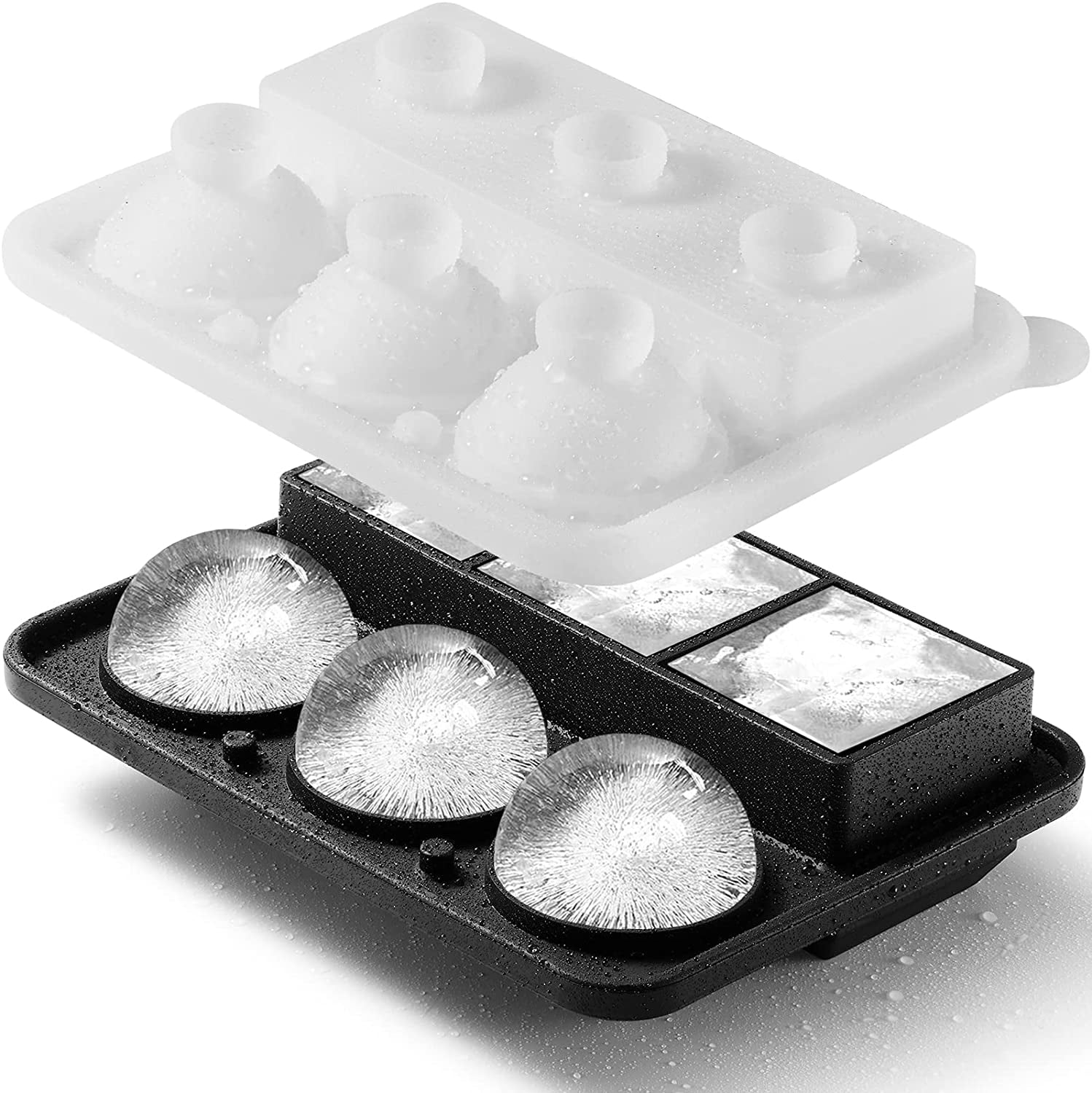 Large Silicone Whiskey Ice Mold - Round Sphere and Square Trays (Black ...