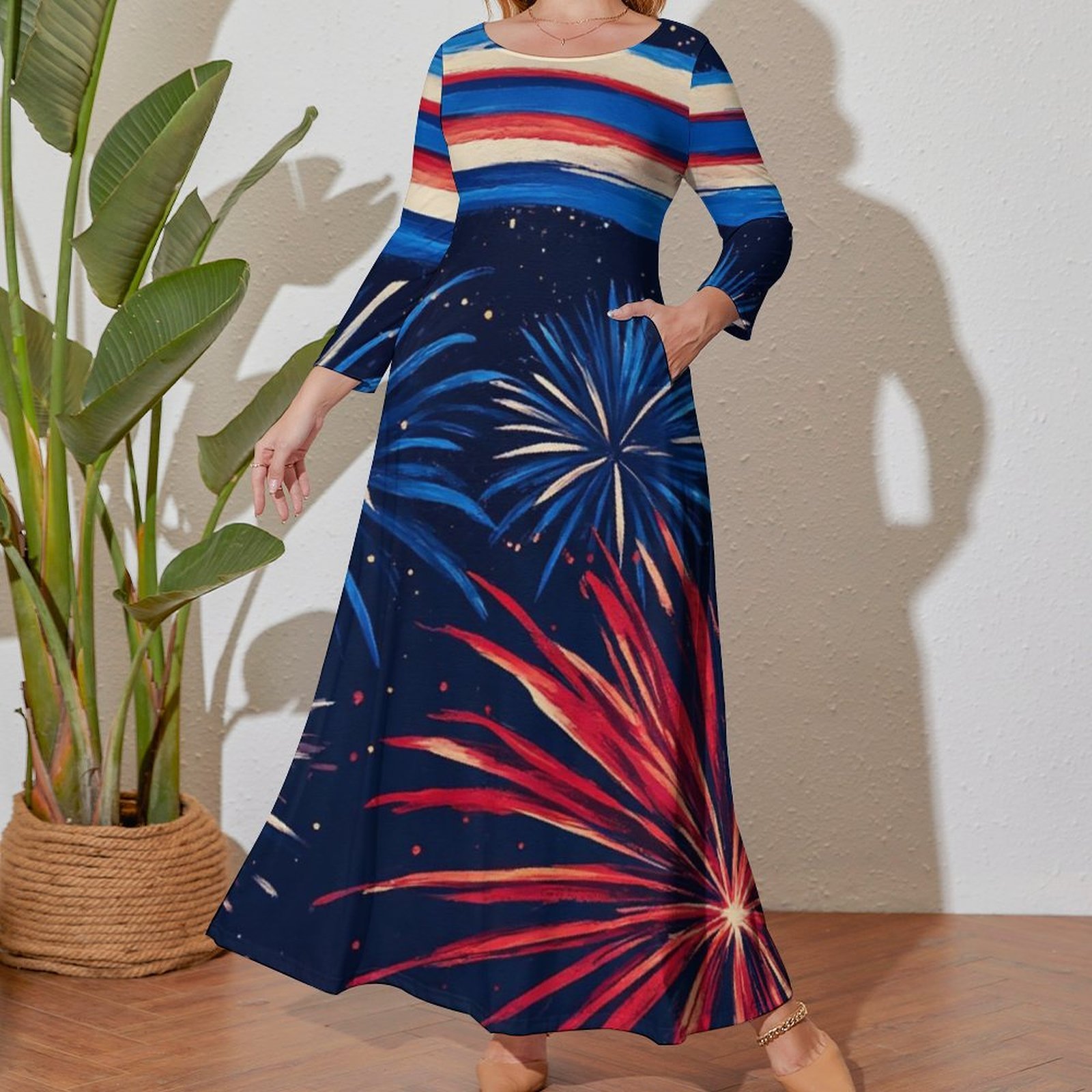 Large Size American Flag Fireworks Celebration Long Sleeved Dress Women ...