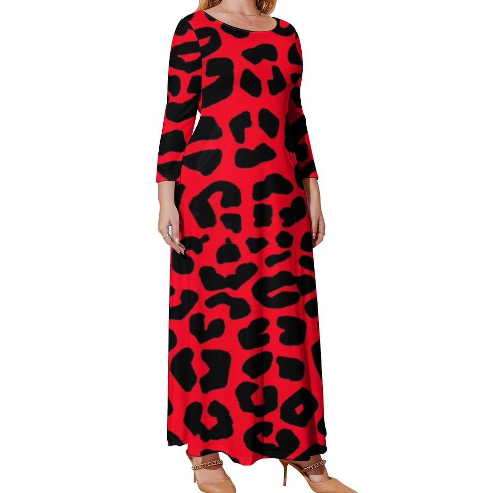 Large Size Animal Print Black Red Leopard Spots Long Sleeved Dress ...