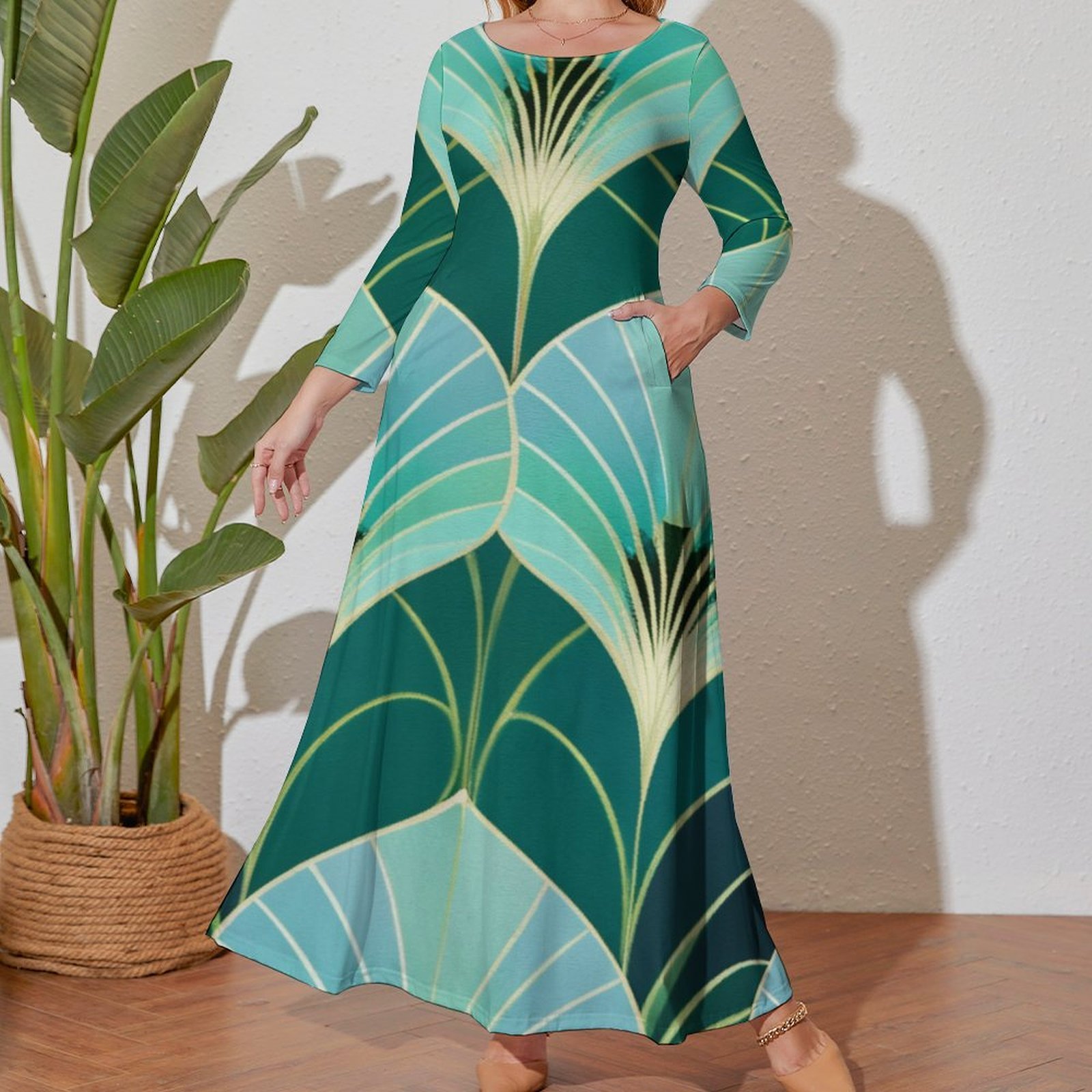 Large Size Art Deco Fan Pattern Long Sleeved Dress Women Dress for ...