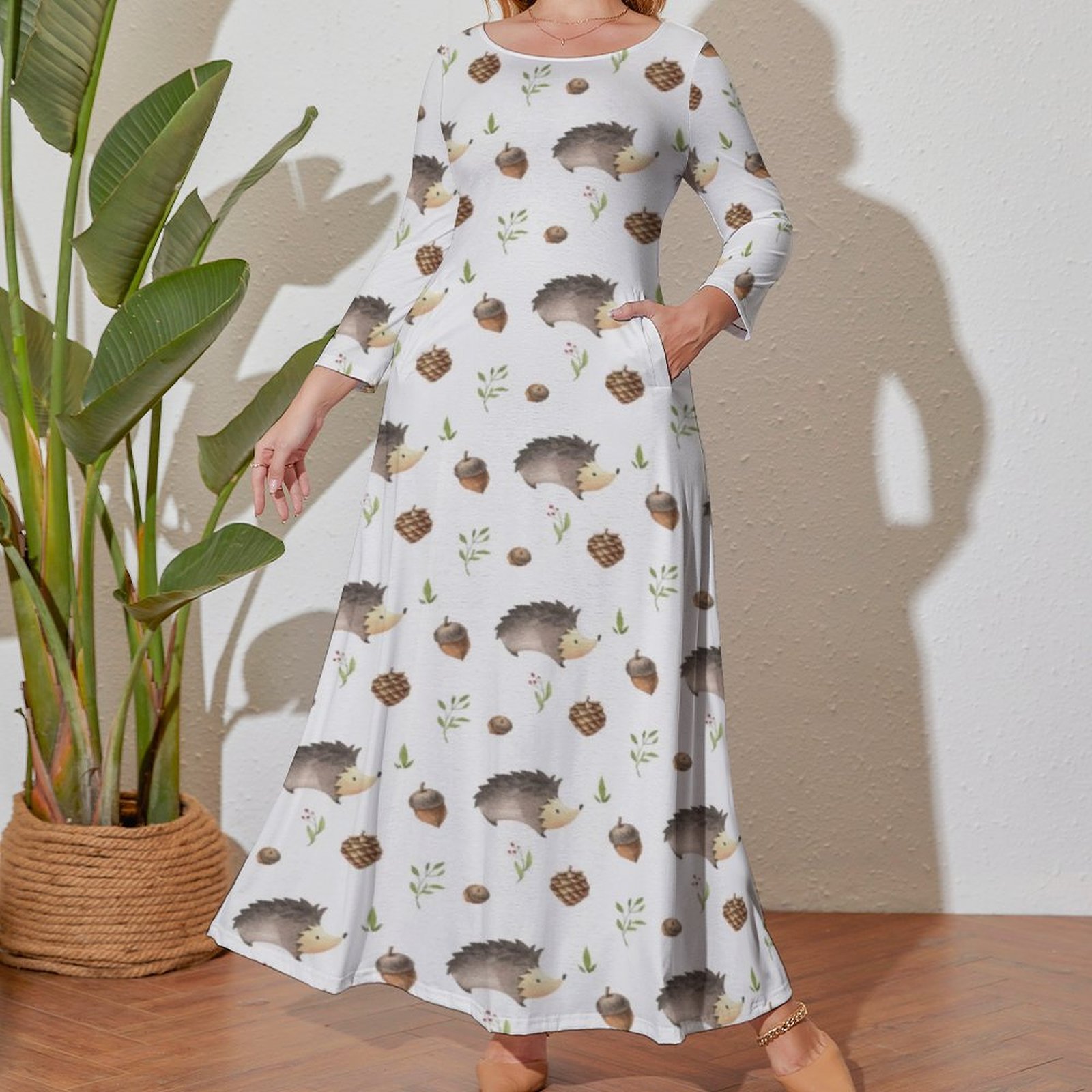 Large Size Autumn Pattern with Hedgehogand Acorn Long Sleeved Dress ...
