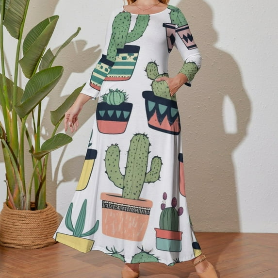 Large Size Cactus Garden Print Long Sleeved Dress Women Dress for ...