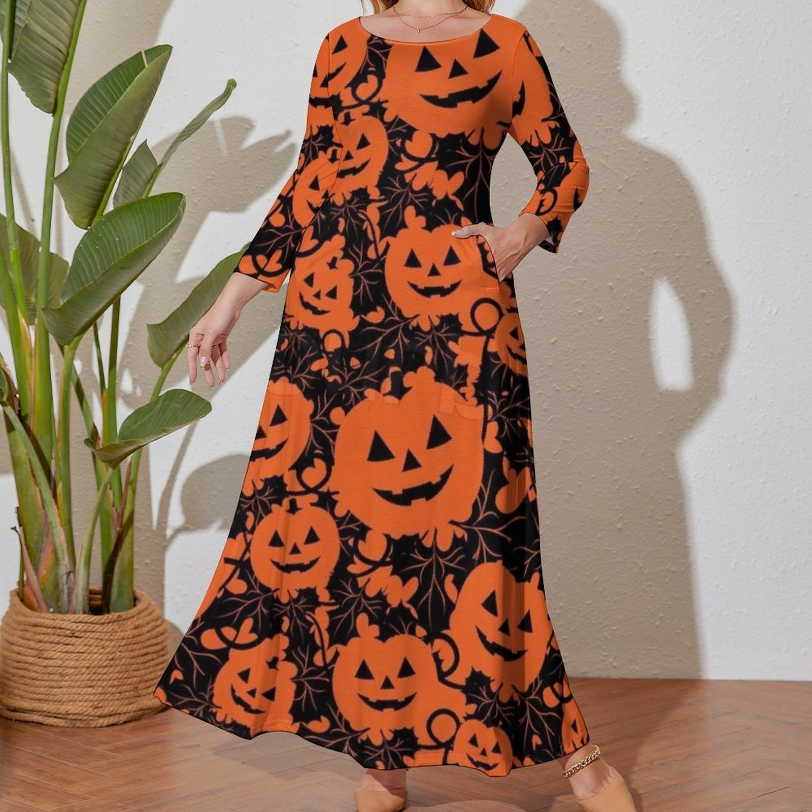 Large Size Cartoon Pumpkin Citrus Stem Long Sleeved Dress Women Dress ...