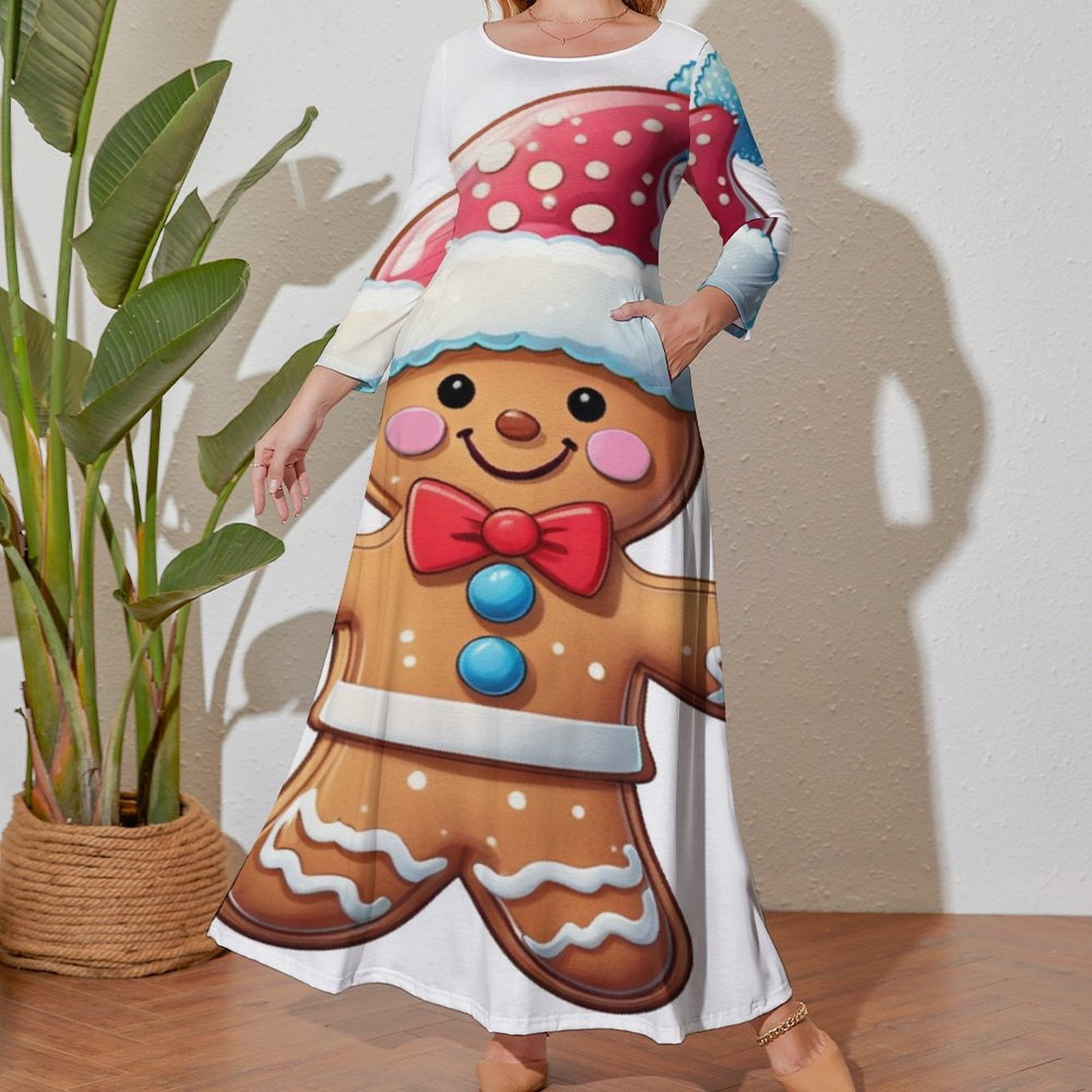 Large Size Christmas Gingerbread Man Long Sleeved Dress Women Dress for ...