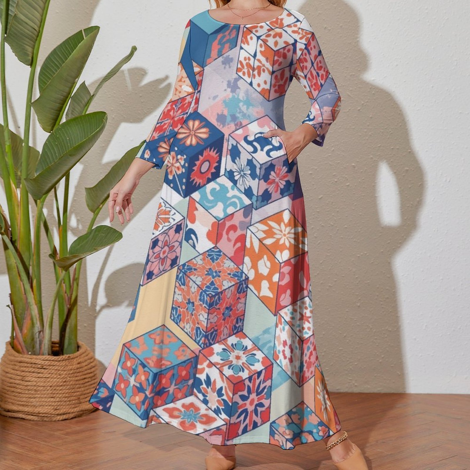 Large Size Cubes Floral Pattern Print Long Sleeved Dress Women Dress ...