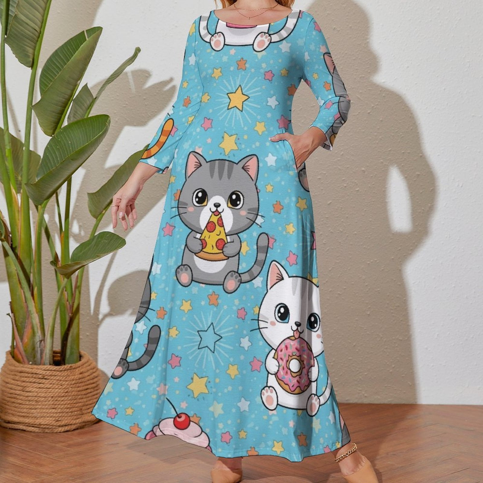 Large Size Cute Cats Eating Sweet Treats Long Sleeved Dress Women Dress ...