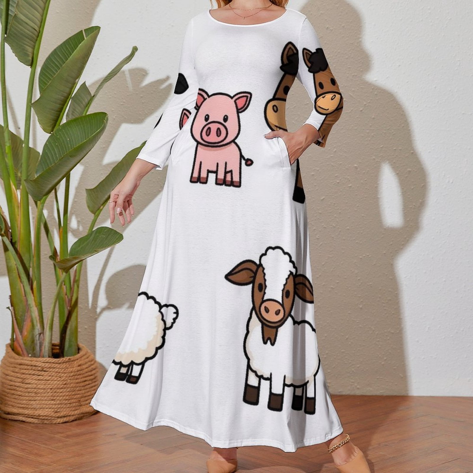 Large Size Cute Farm Animals Long Sleeved Dress Women Dress for Parties ...