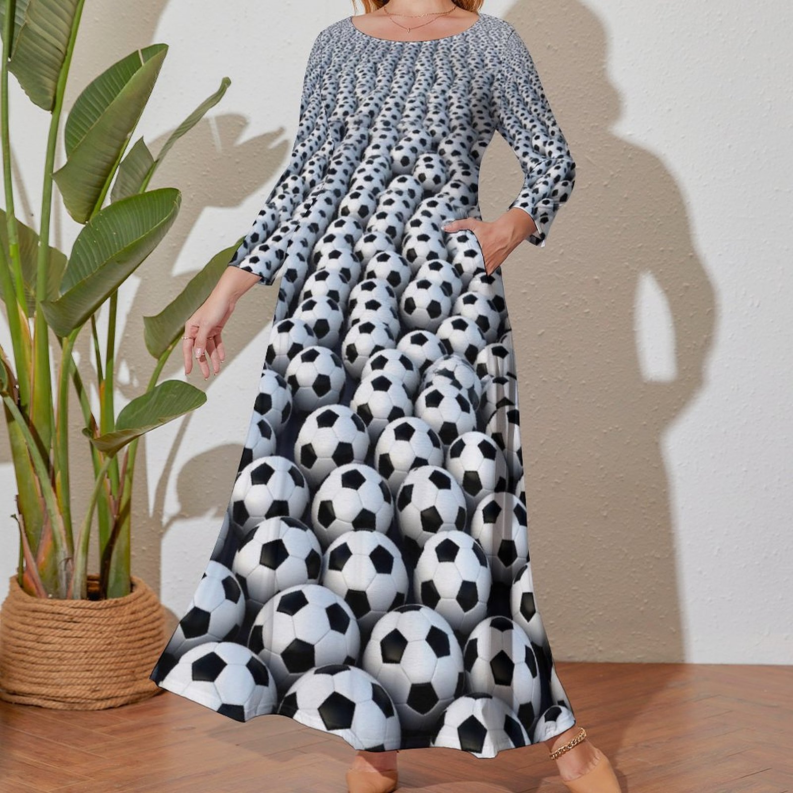 Large Size Endless Sea of Soccer Balls Long Sleeved Dress Women Dress ...