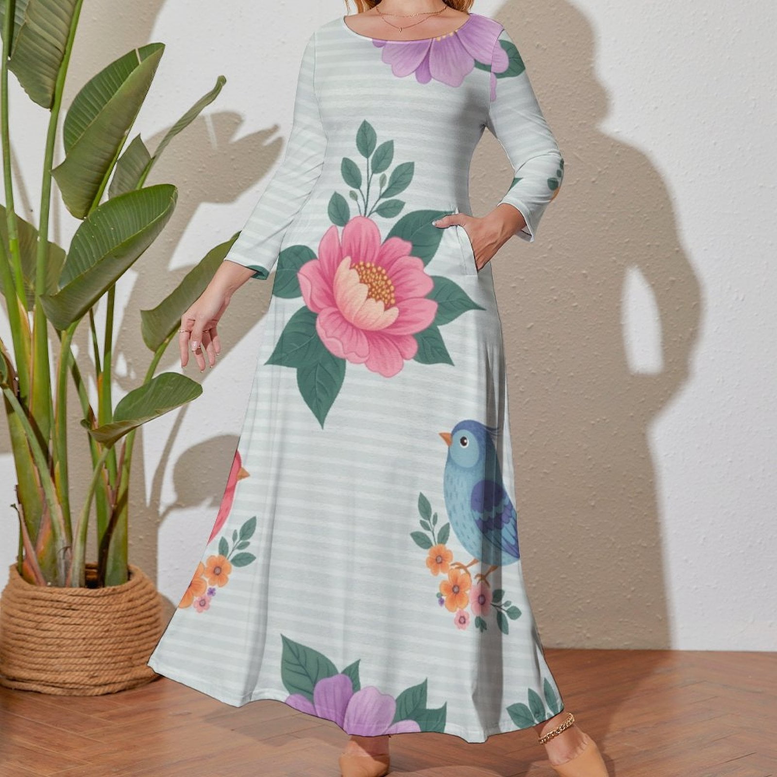 Large Size Floral Bird Pattern Pretty Pastel Long Sleeved Dress Women ...