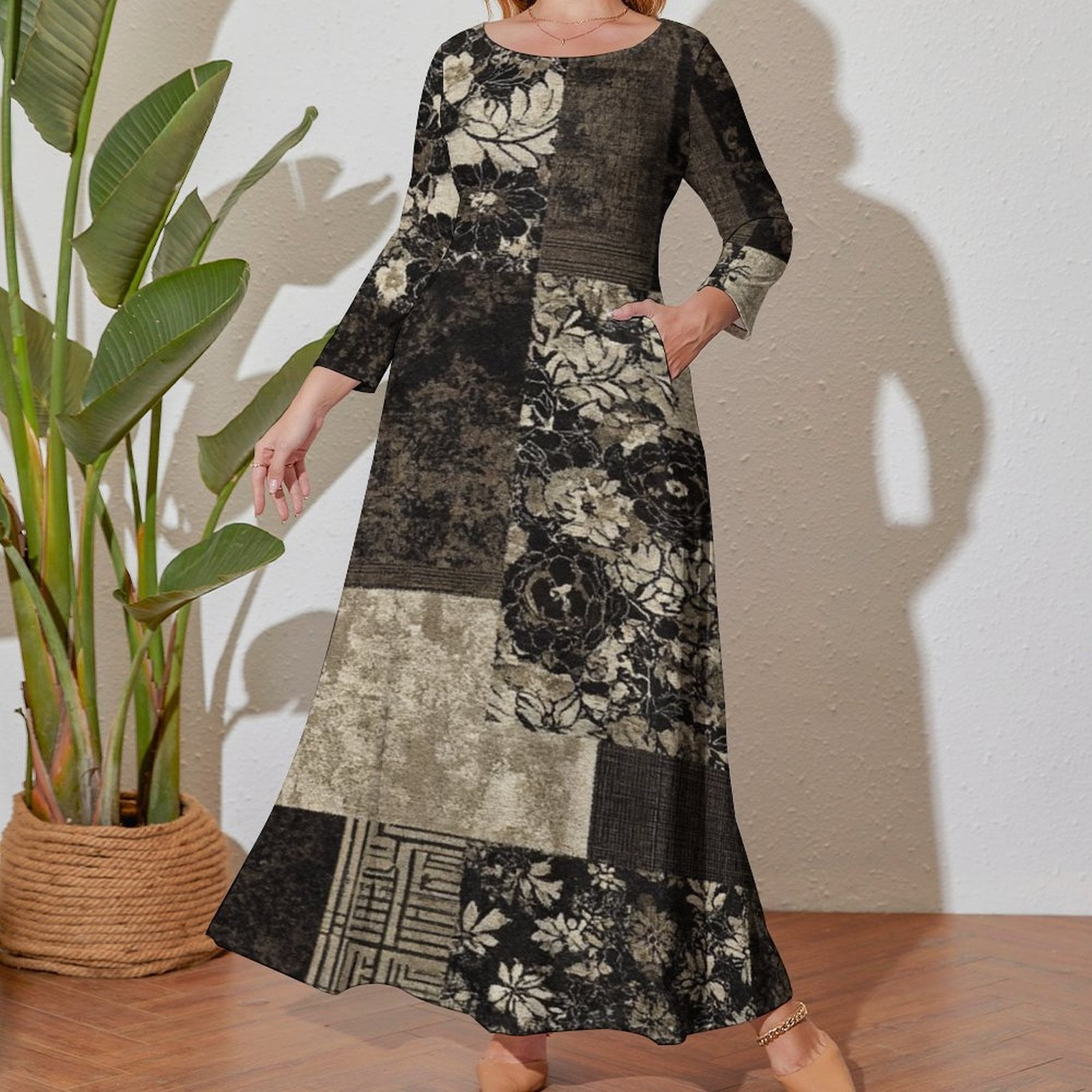 Large Size Floral Patchwork Area Rug Long Sleeved Dress Women Dress for ...