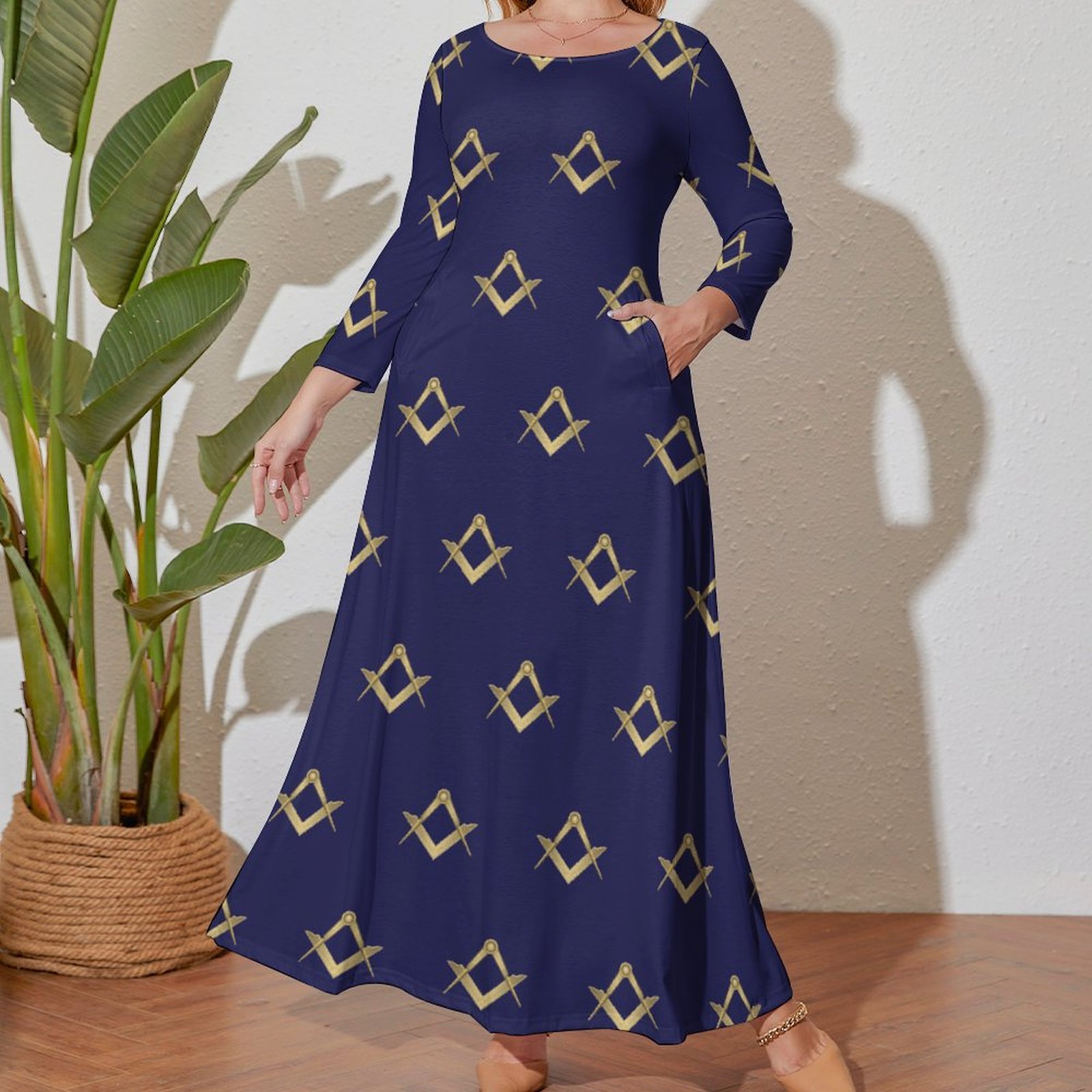 Large Size Freemason Pattern Gold Blue Square And Compass Long Sleeved ...
