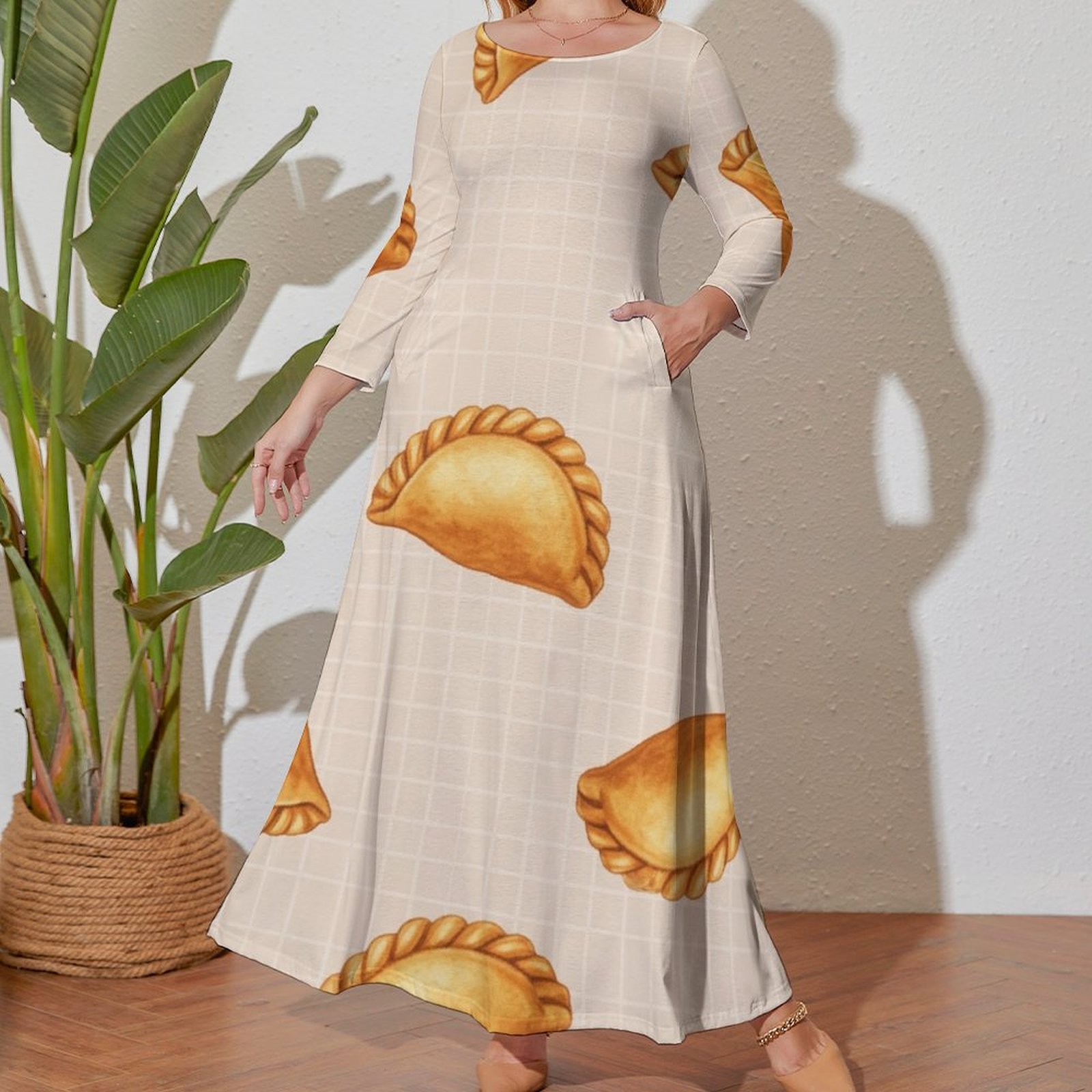 Large Size Golden Pastries Pattern Background Long Sleeved Dress Women ...