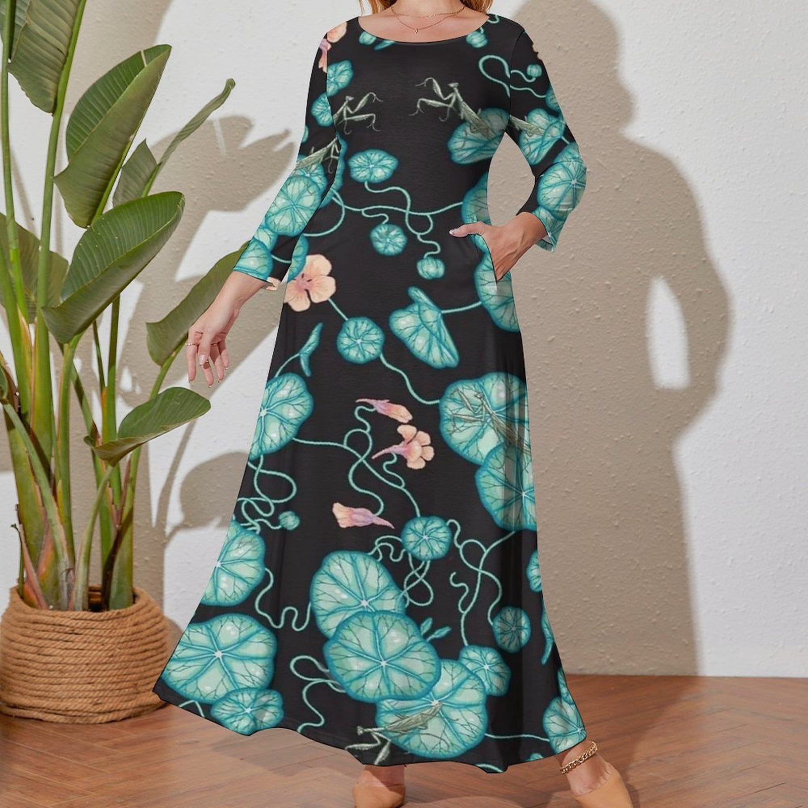 Large Size Mantises And Indian Cress Long Sleeved Dress Women Dress for ...