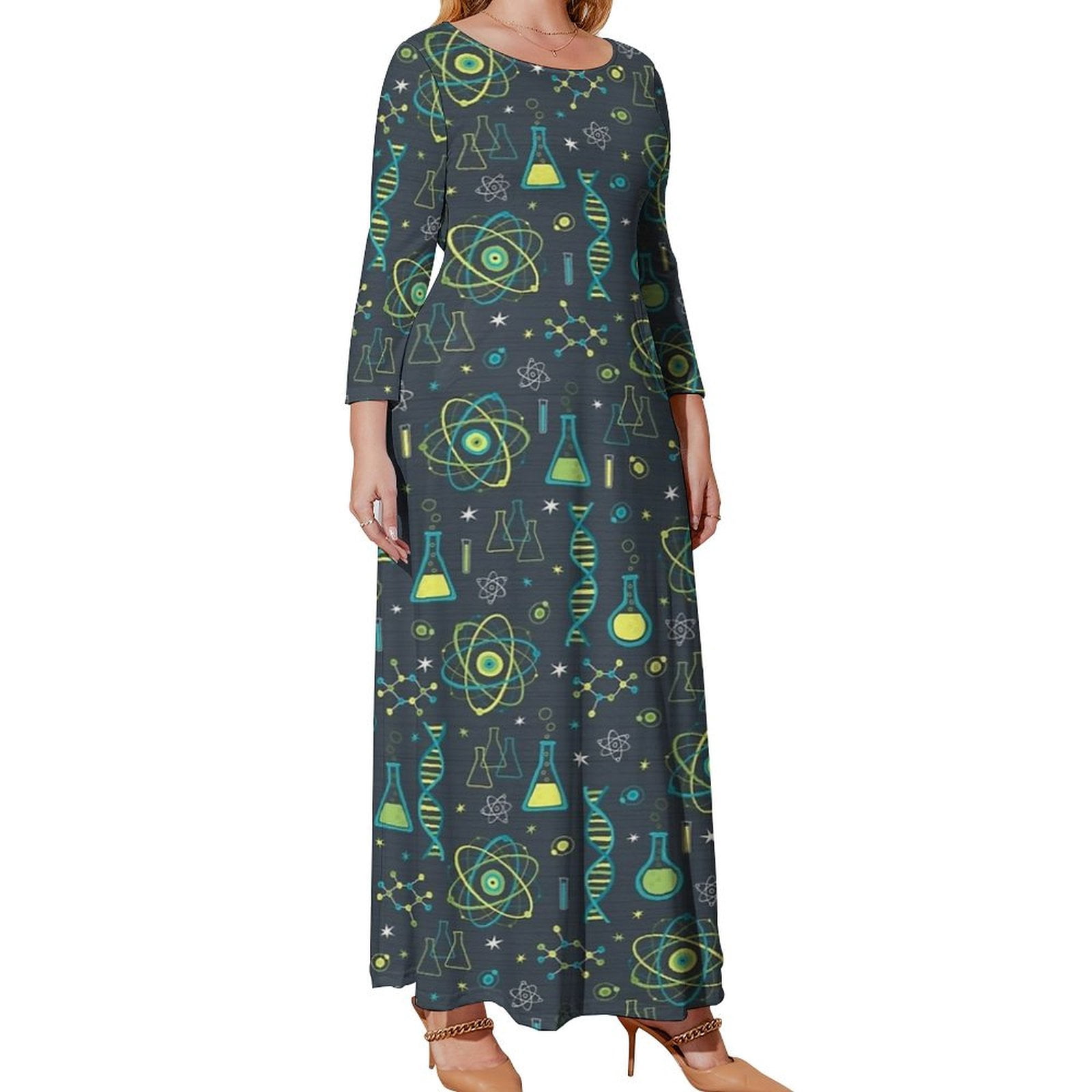 Large Size Midcentury Modern Science Yellow Long Sleeved Dress Women ...