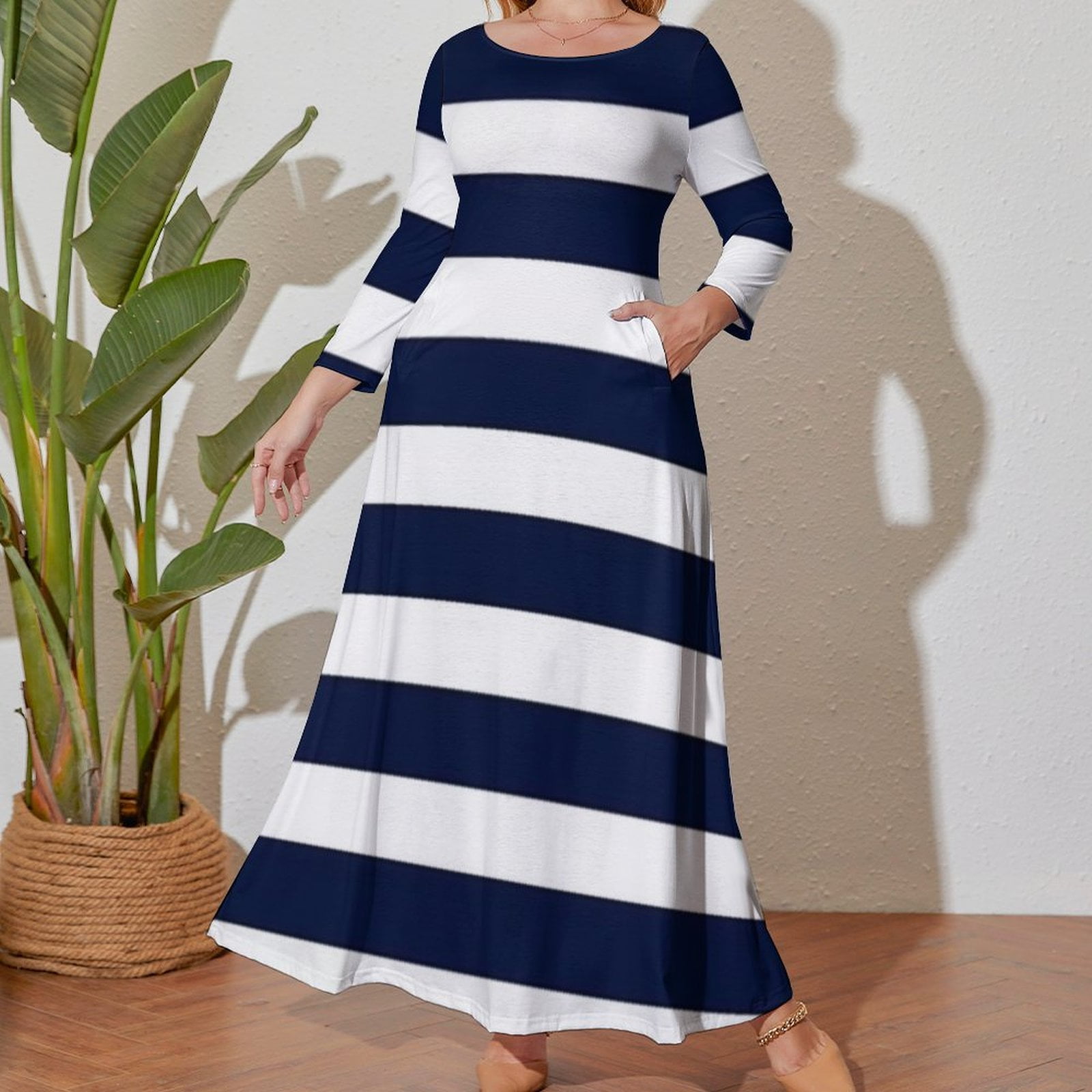 Large Size Navy White Horizontal Striped Pattern Long Sleeved Dress ...