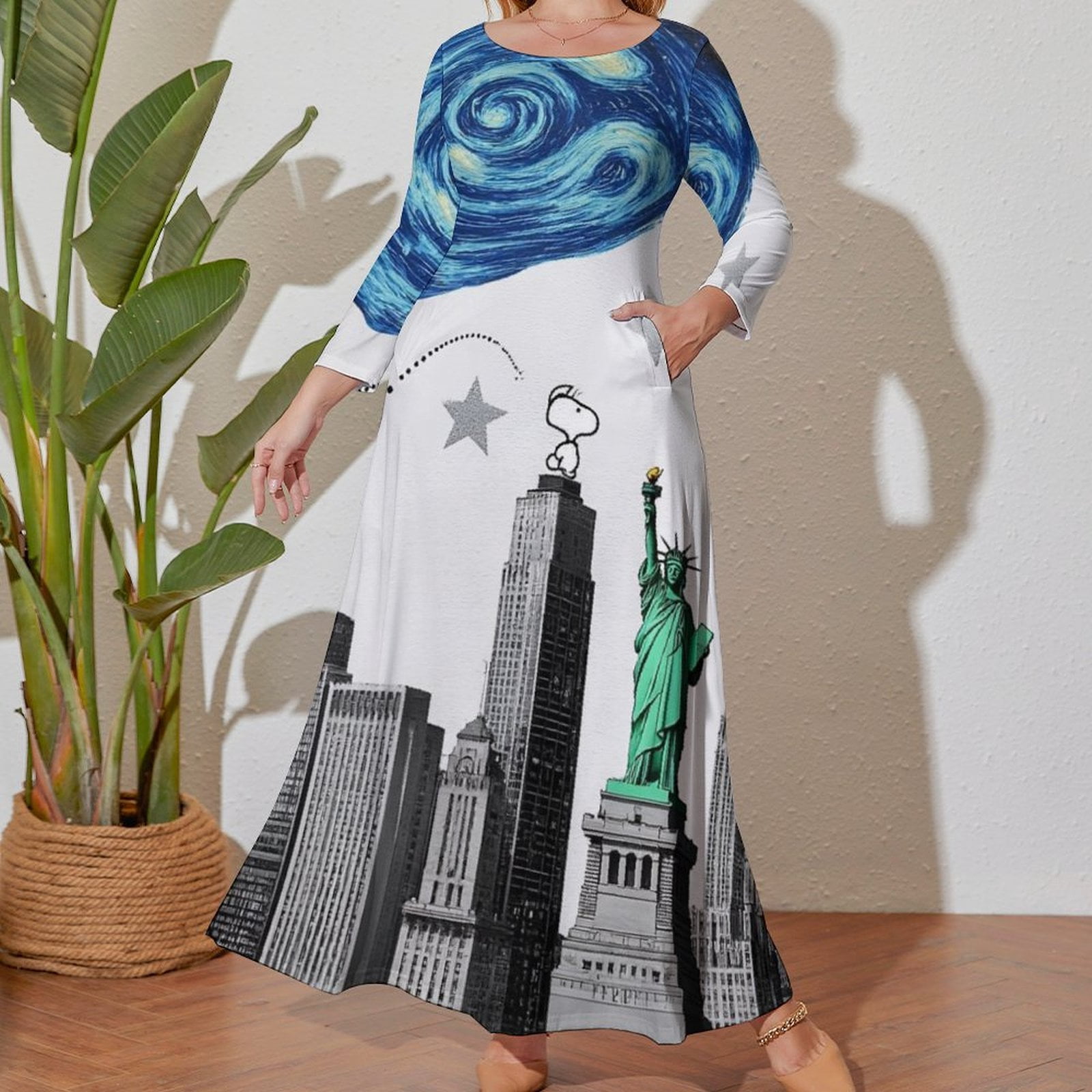 Large Size New York City Skyline with Stars Long Sleeved Dress Women ...