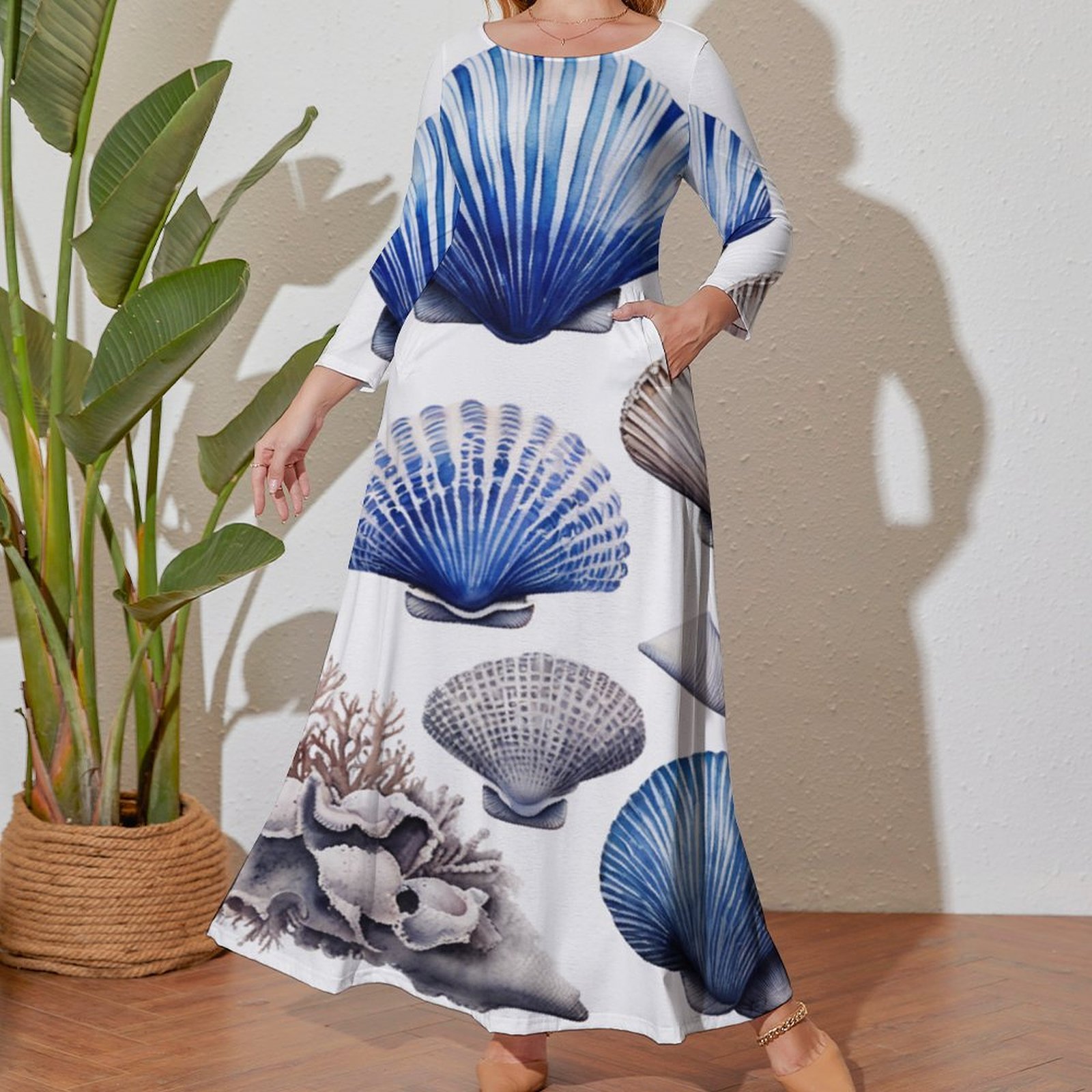 Large Size Ocean Blue Seashell Coral Long Sleeved Dress Women Dress for ...