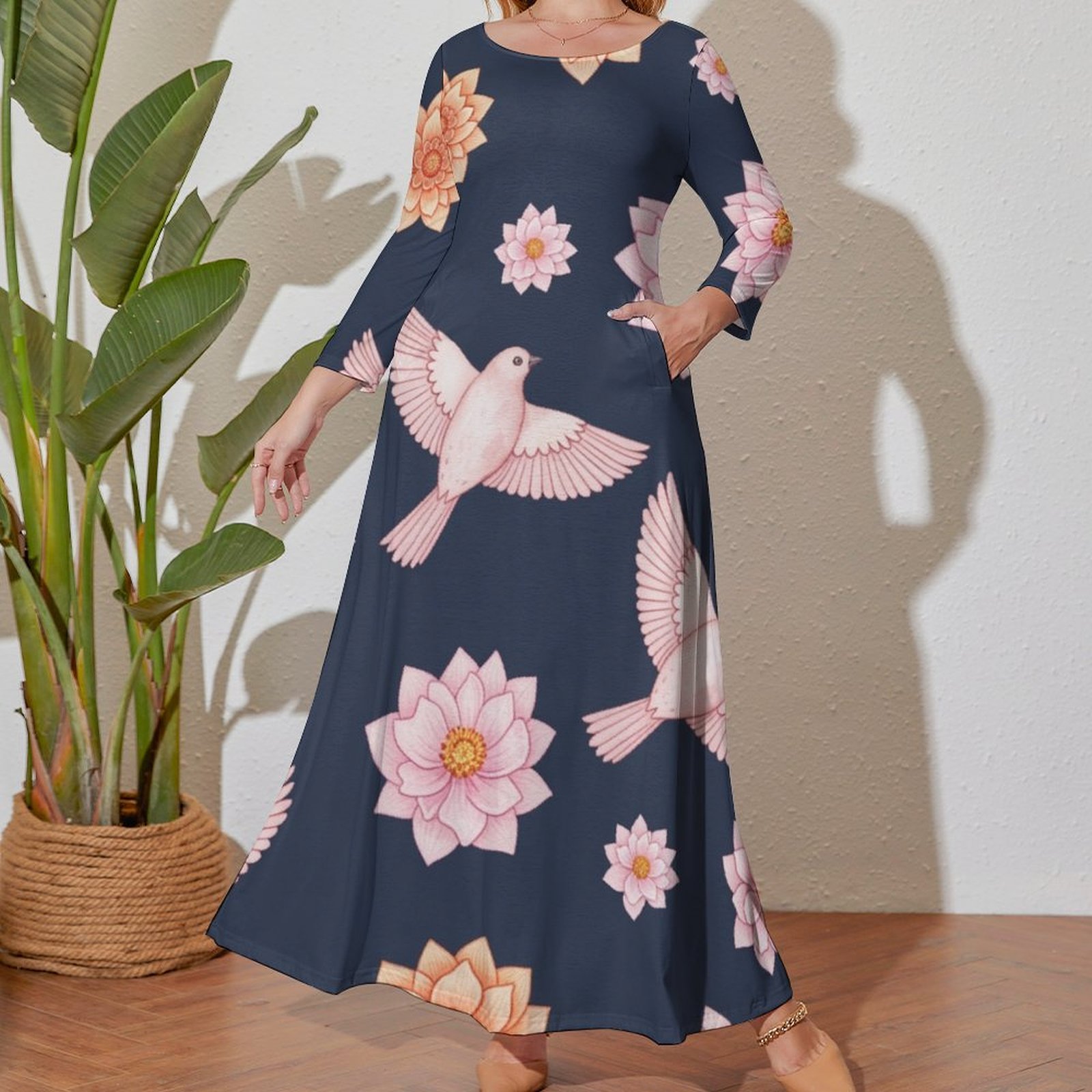 Large Size Pink Birds Floral Pattern Long Sleeved Dress Women Dress for ...