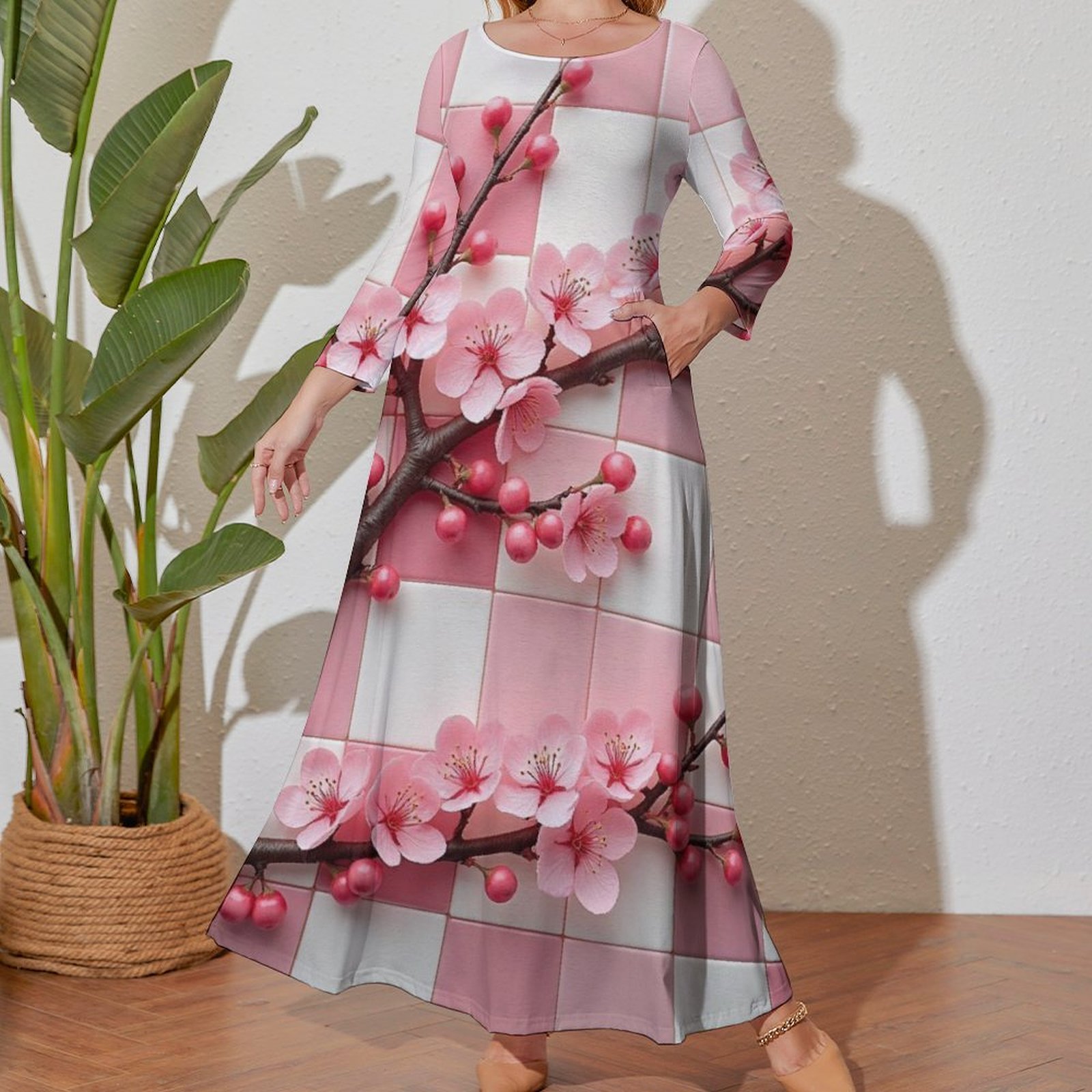 Large Size Pink Cherry Blossom Branch Pattern Long Sleeved Dress Women ...