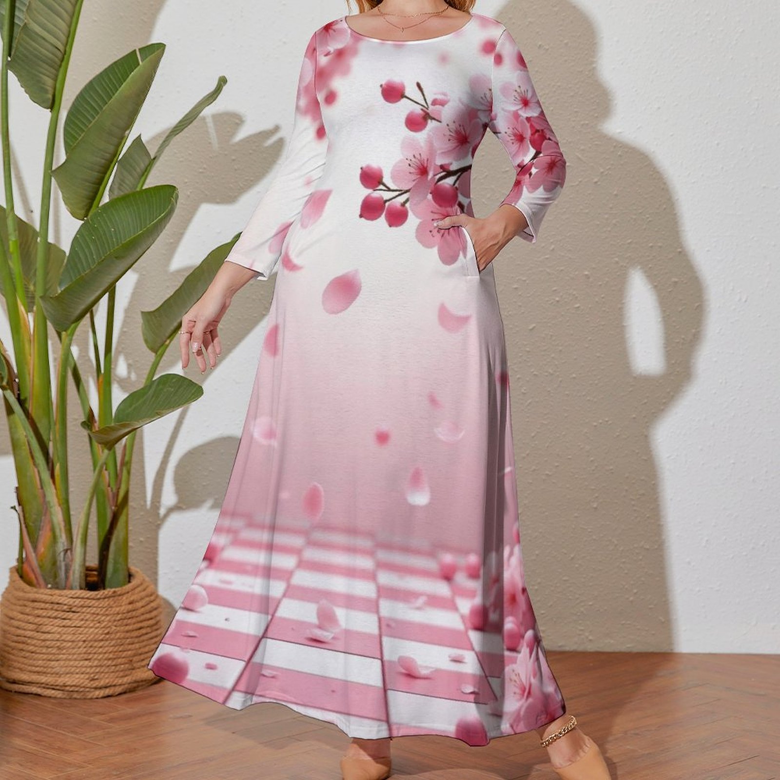 Large Size Pink Cherry Blossom Petals Falling Long Sleeved Dress Women ...