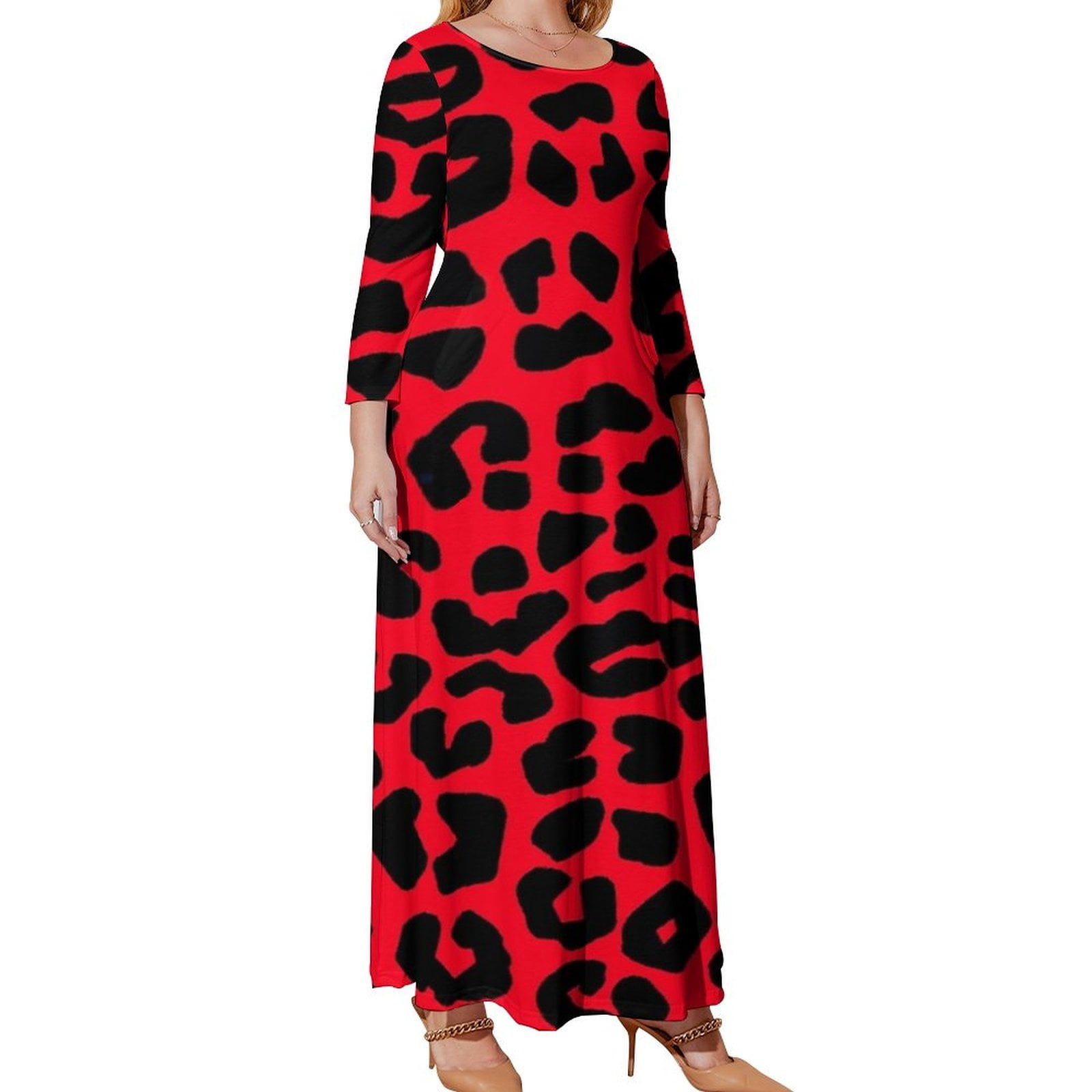 Large Size Red And Black Leopard Print Long Sleeved Dress Women Dress ...
