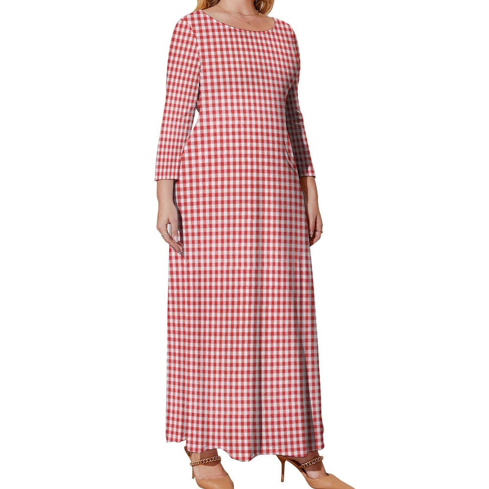 Large Size Red Gingham Check Long Sleeved Dress Women Dress for Parties ...