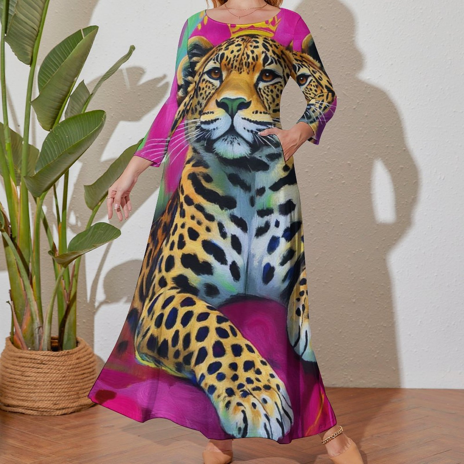 Large Size Regal Leopard Vibrant Throne Art Long Sleeved Dress Women ...