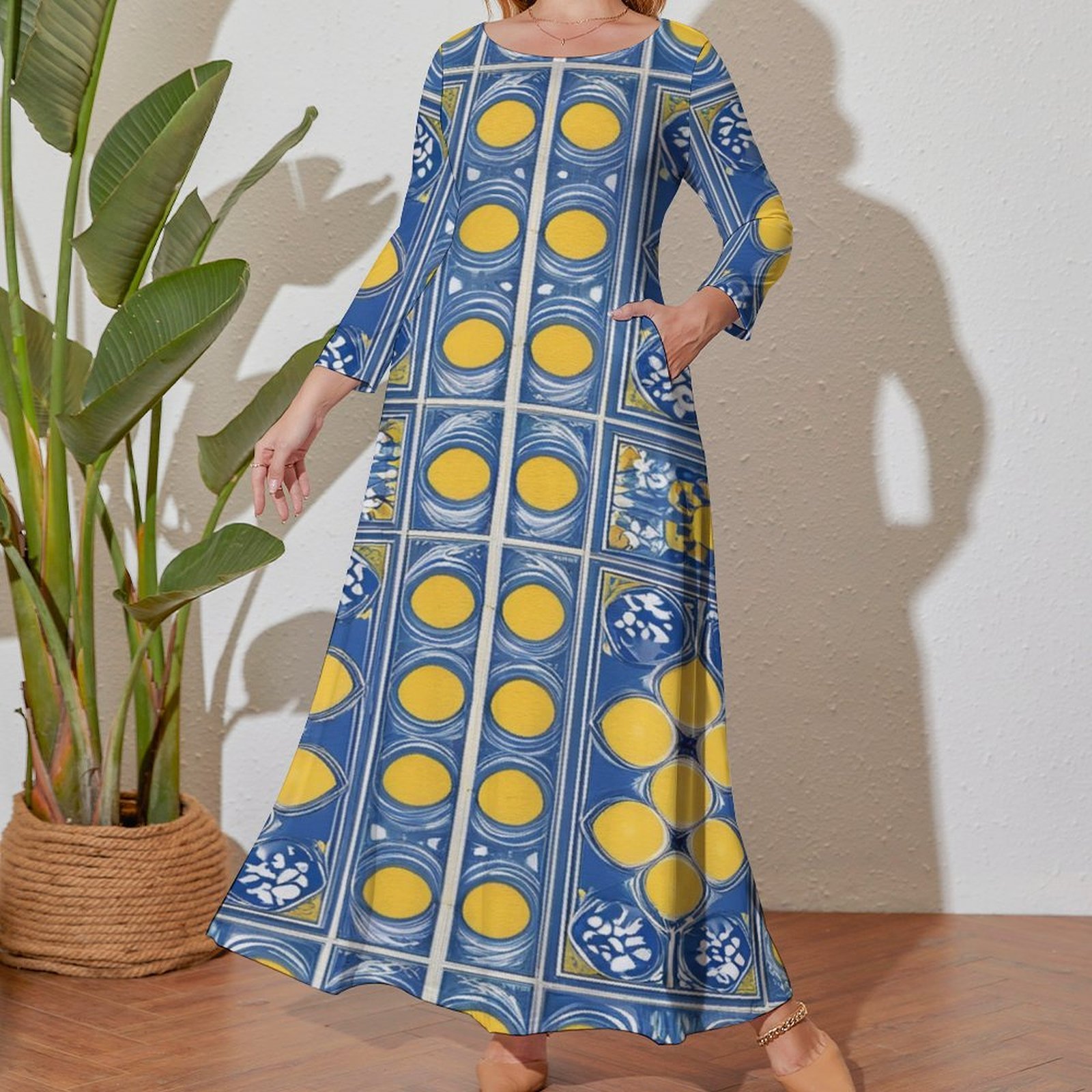 Large Size TEMU Blue Yellow Floral Tiles Pattern Long Sleeved Dress ...