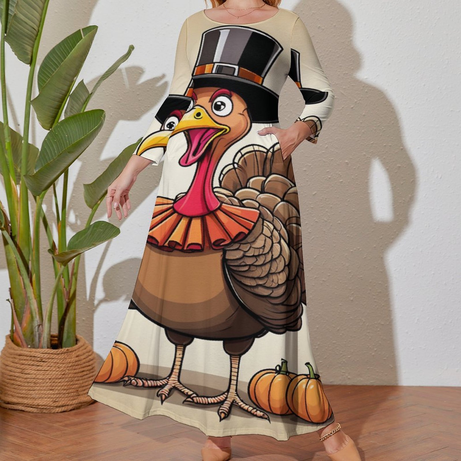 Large Size Thanksgiving Turkey Pilgrim Long Sleeved Dress Women Dress ...