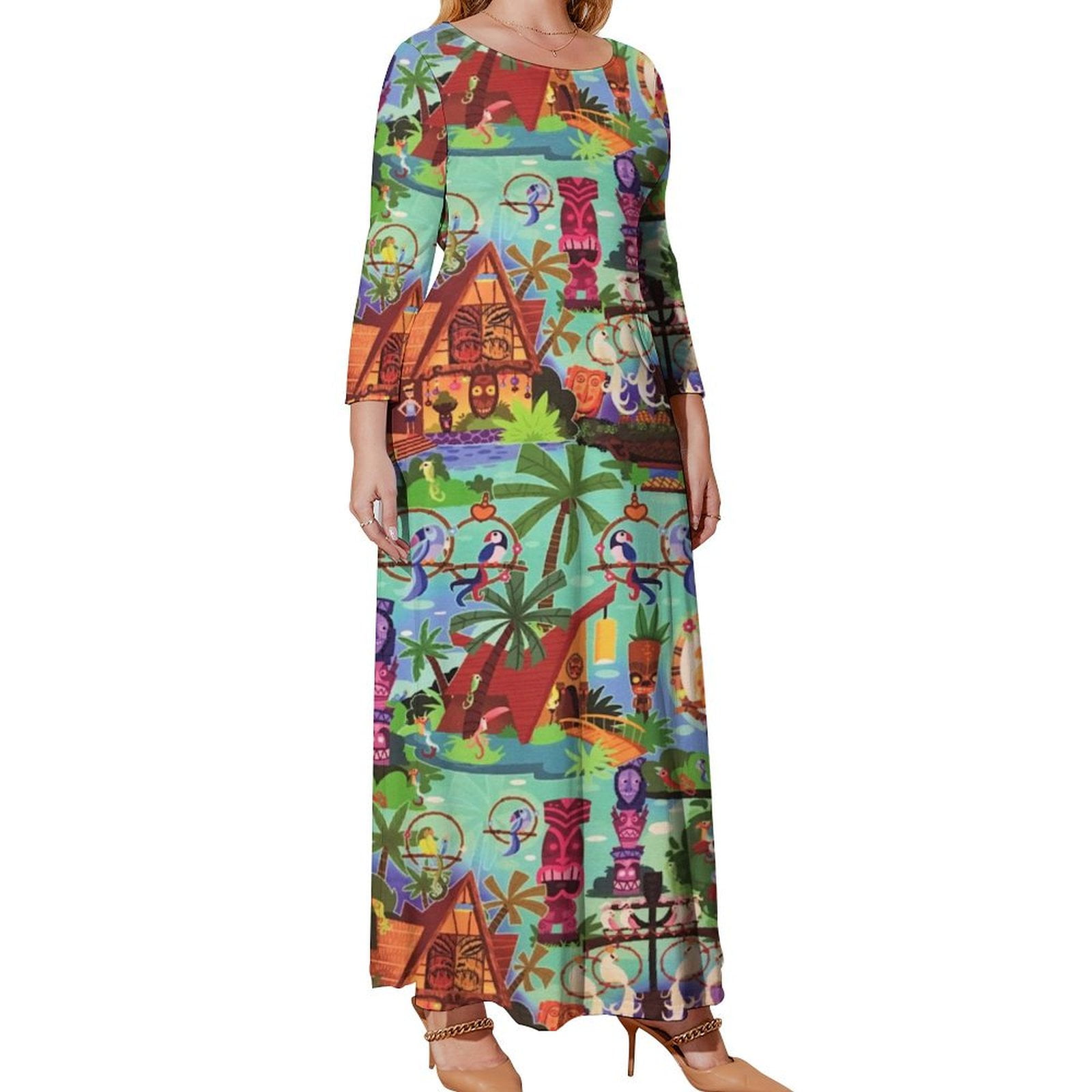 Large Size Tiki Hut Vintage Retro Art Long Sleeved Dress Women Dress ...
