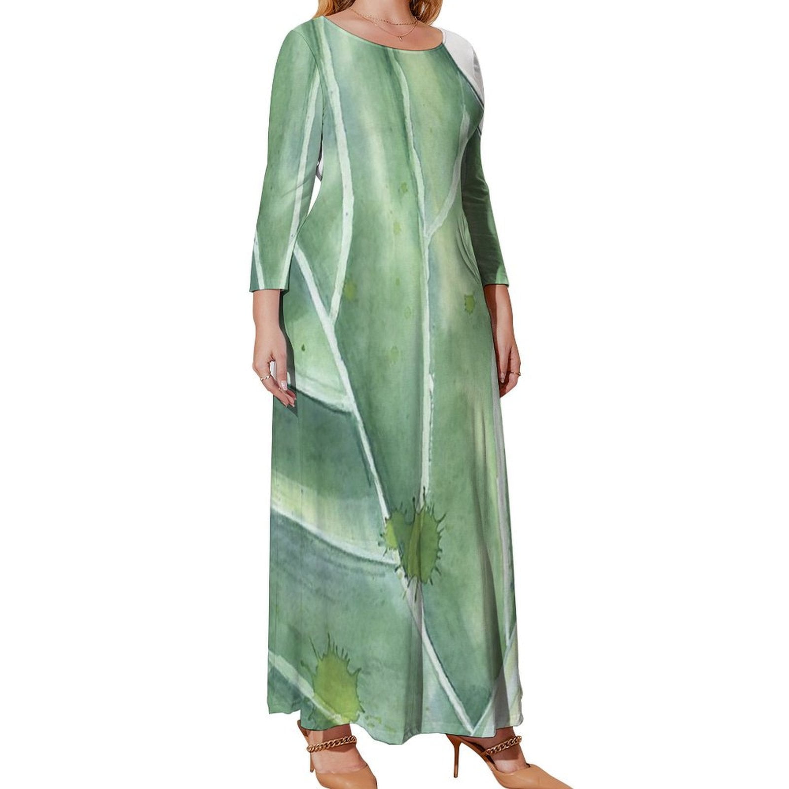 Large Size Tropical Green Leaves Plant Long Sleeved Dress Women Dress ...