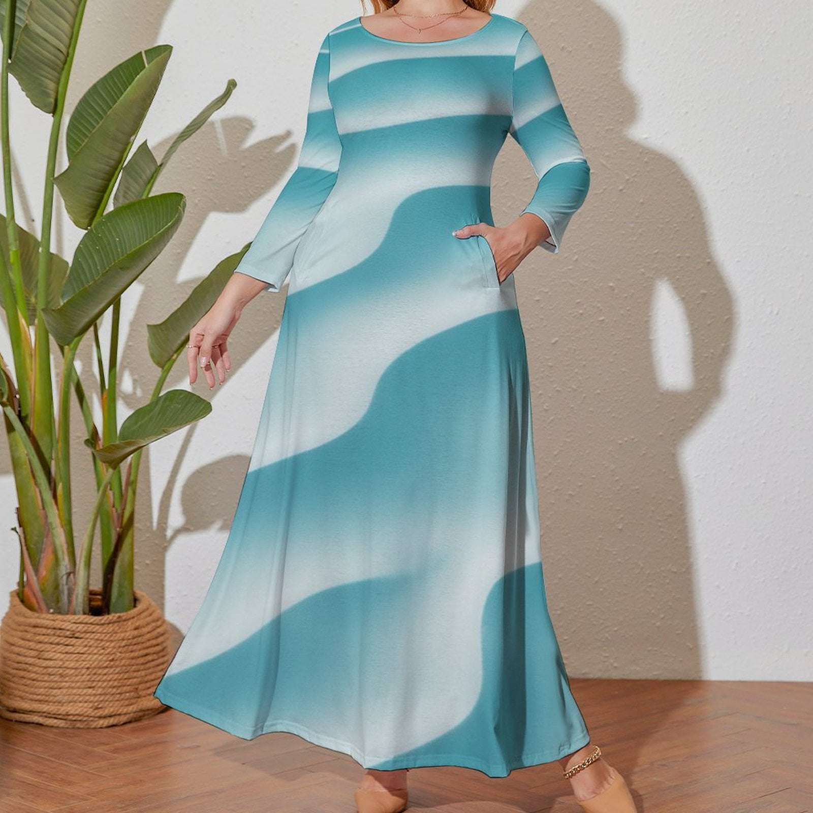 Large Size Turquoise Ripple Sand Texture Long Sleeved Dress Women Dress ...
