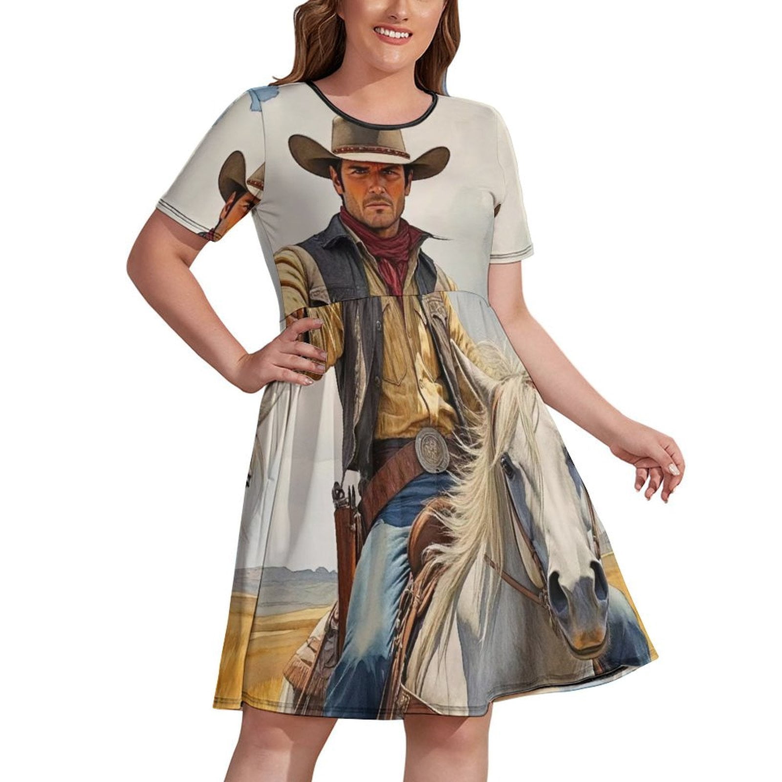 Large Size Western Cowboy Riding A White Horse Dress Party Dresses for ...