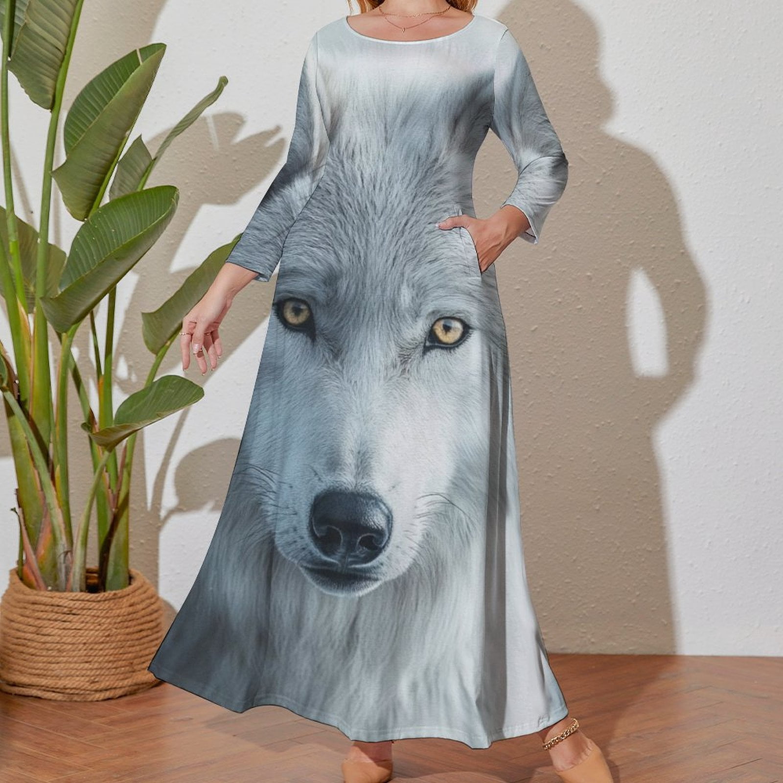 Large Size White Wolf in Snow Long Sleeved Dress Women Dress for ...