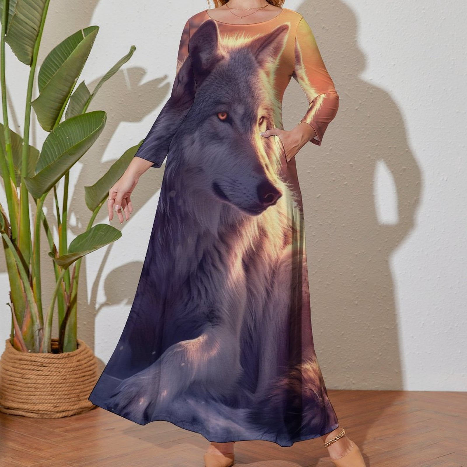 Large Size Wolf in Snowy Forest Long Sleeved Dress Women Dress for ...