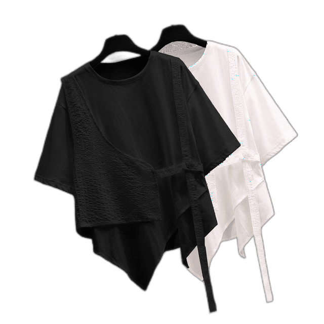 Large Size Womens Clothing Summer Loose Casual Stitching Irregular Fake Two T Shirts
