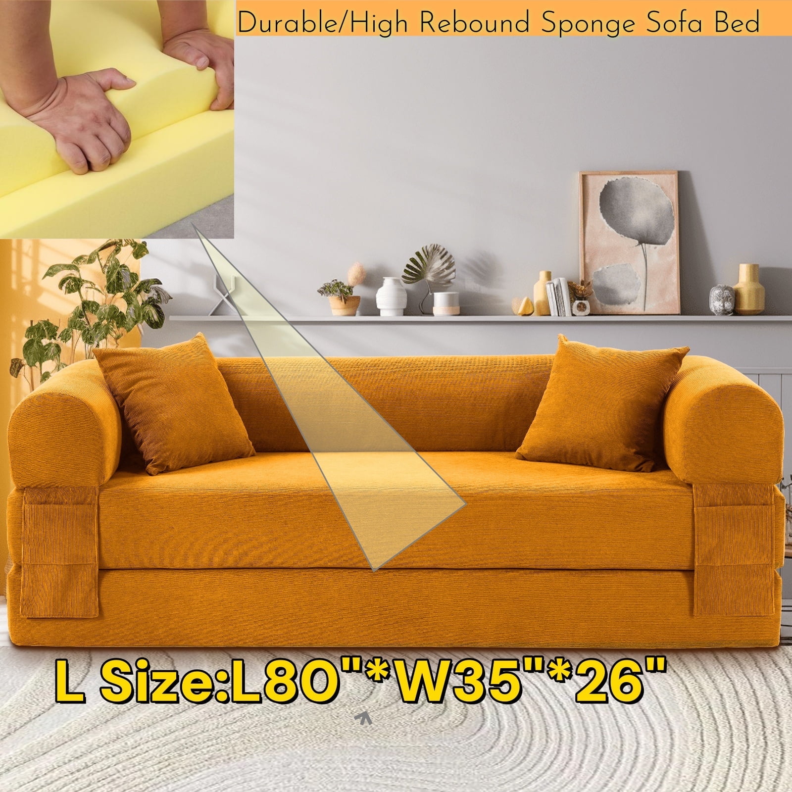 Large Size Yellow Light luxury sit/lie convertible compression sofa bed ...