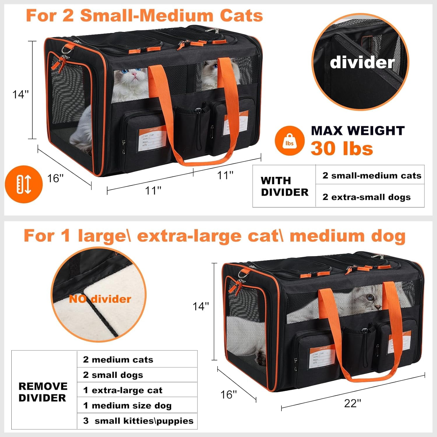 22''(L) x 16''(W) x 14''(H) Large Double Pet Carrier for 2 Small-Medium ...