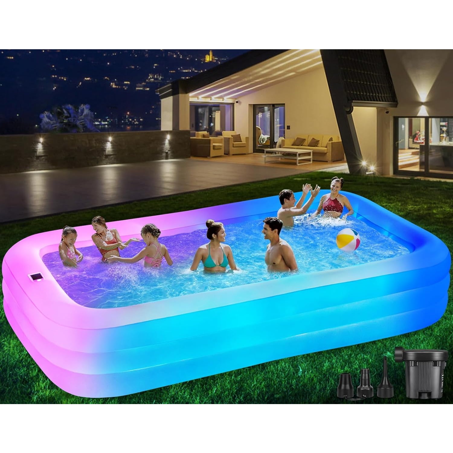Large Solar Inflatable Pool with Lights, 130"x72"x22" Blow-Up Kiddie ...