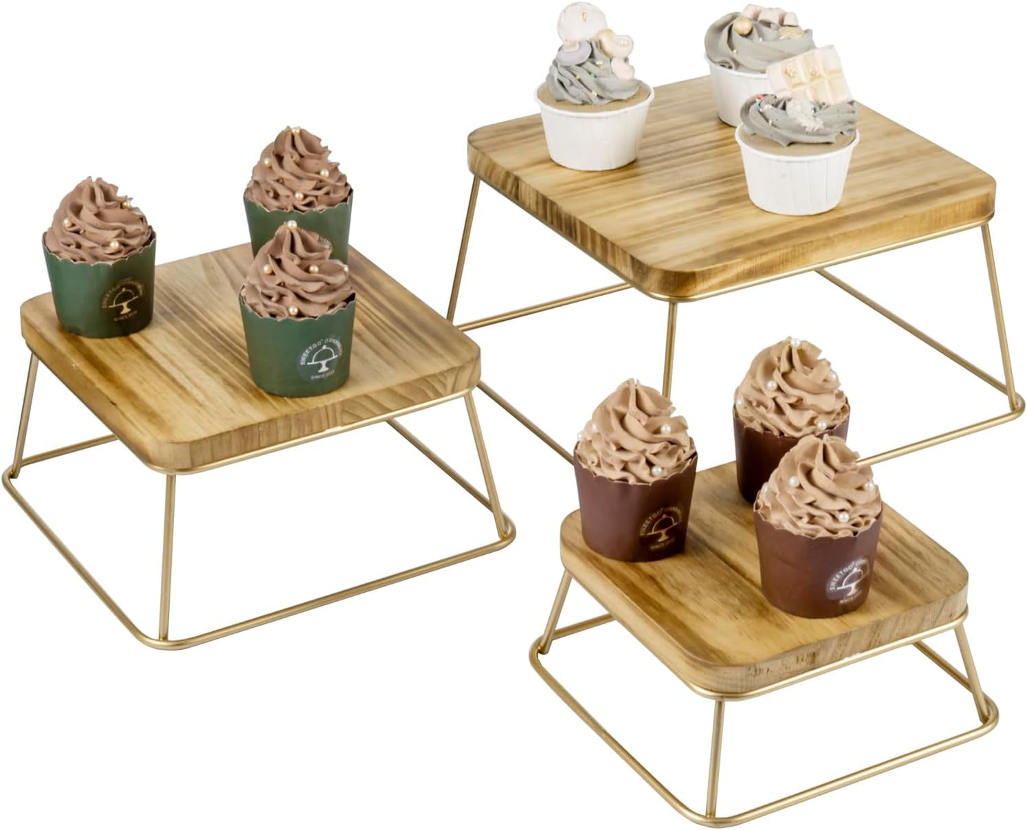 Large Square Burnt Natural Solid Wood and Gold Tone Metal Wire Cupcake ...